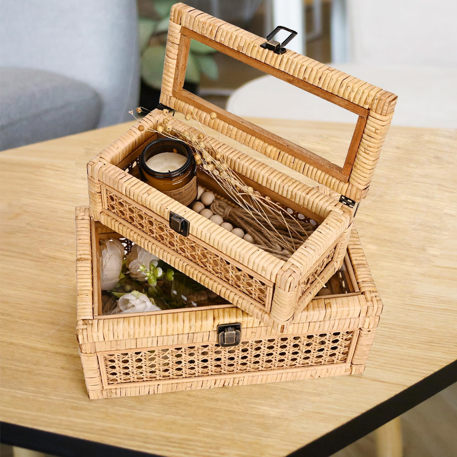 Bayou Breeze Set of 2 Decorative Rectangular Woven Boxes with Glass ...