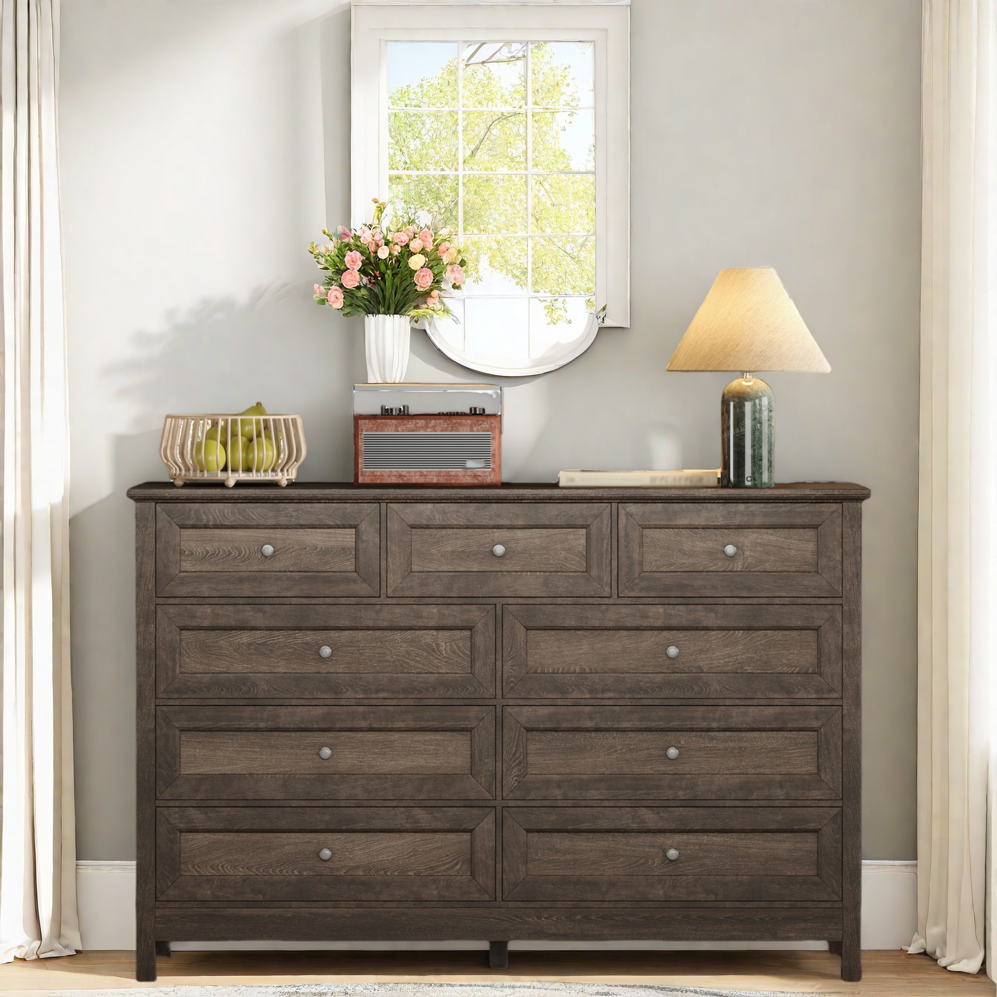 August Grove Wood Rustic Dresser With 9 Drawers And Silver Handles ...