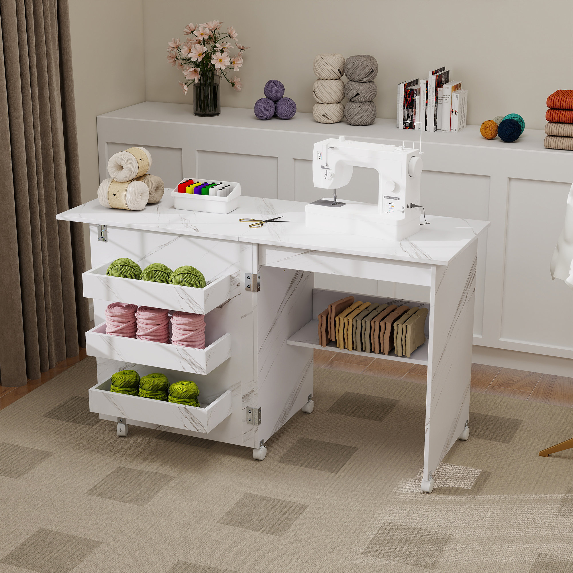 Home Variety Wood Foldable Sewing Table With Wheels,Craft Table Cart ...