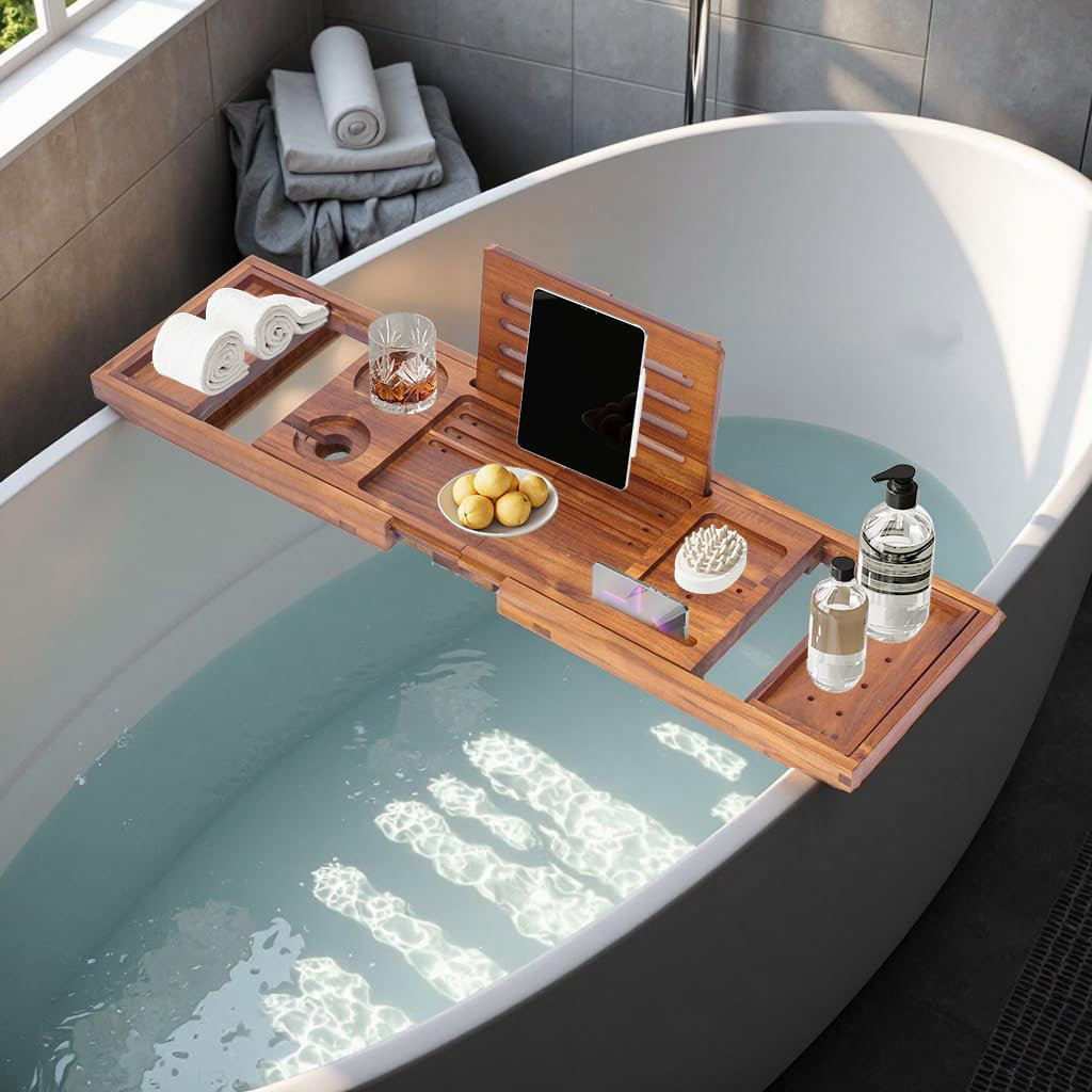 Gracie Oaks Premium Foldable Teak Bathtub Tray, Expandable Bath Tray ...