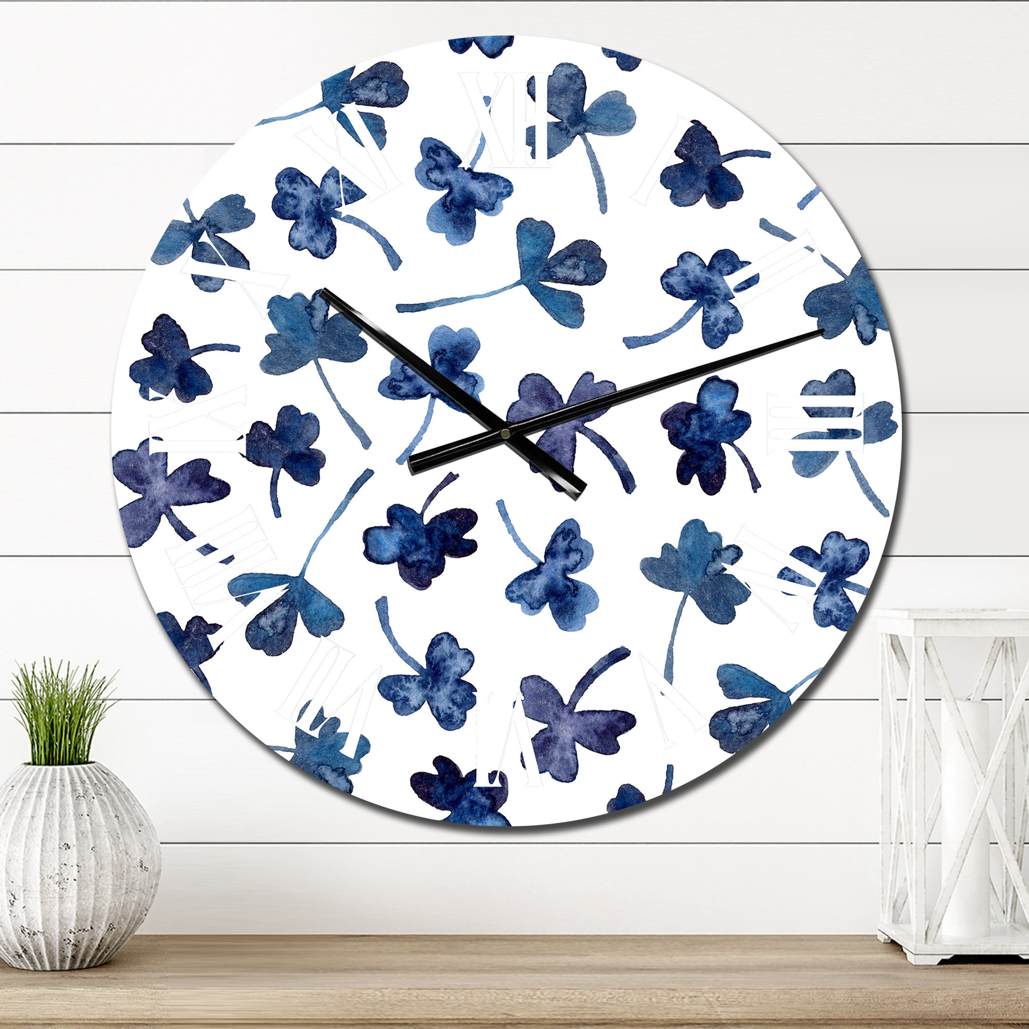 East Urban Home Blue Shamrocks Flowers on White - Patterned Wall Clock ...