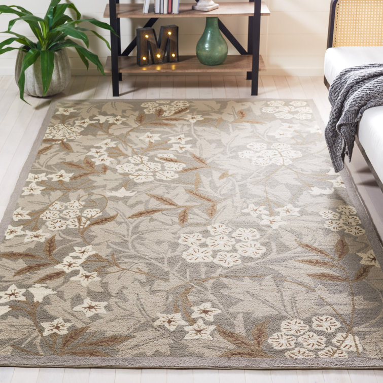 Lark Manor Hollander Floral Hand-Hooked Wool Green Area Rug | Wayfair