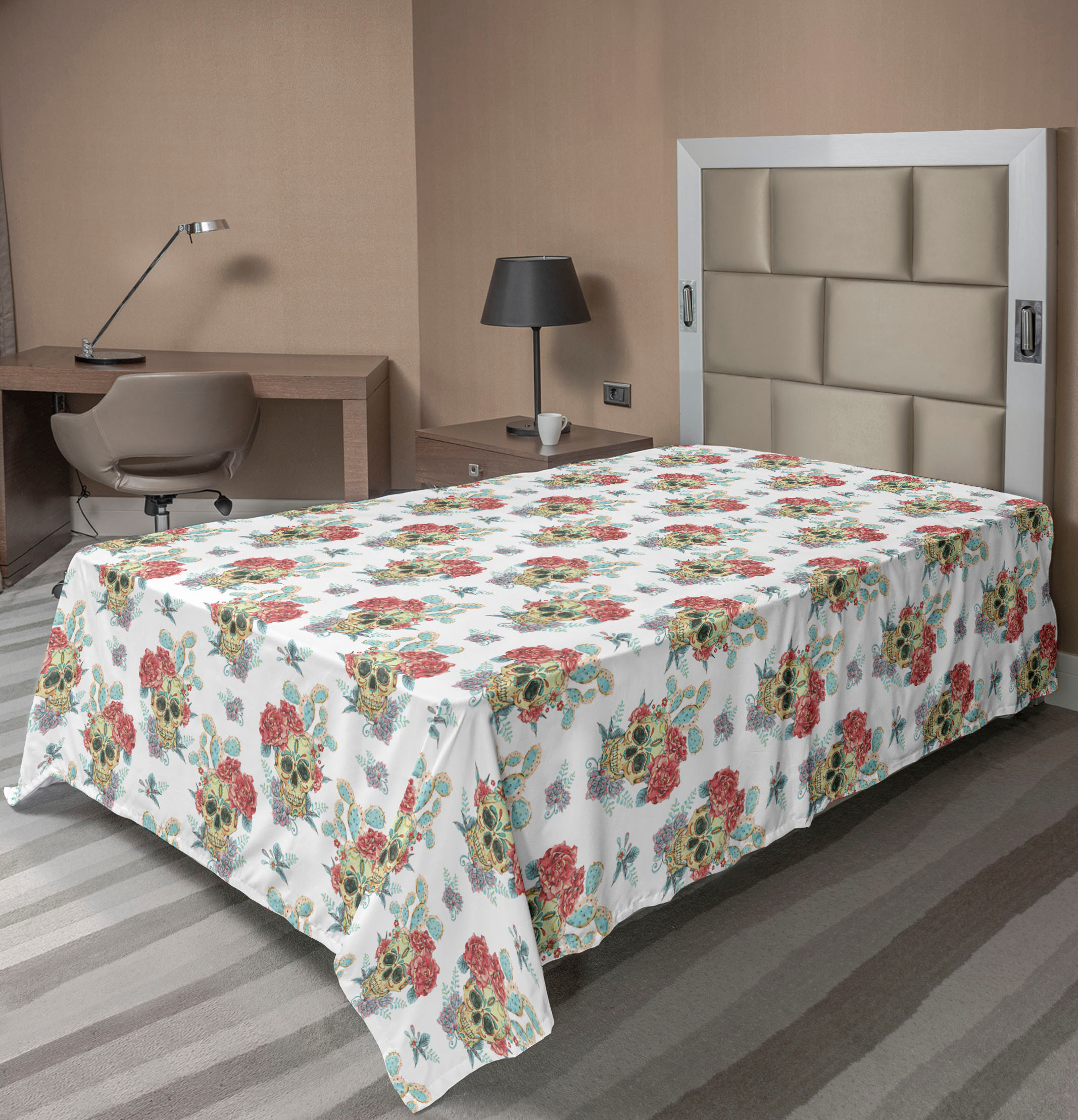 Ambesonne Calavera Flat Sheet Day of the Dead Skull Rose Seafoam Cream ...