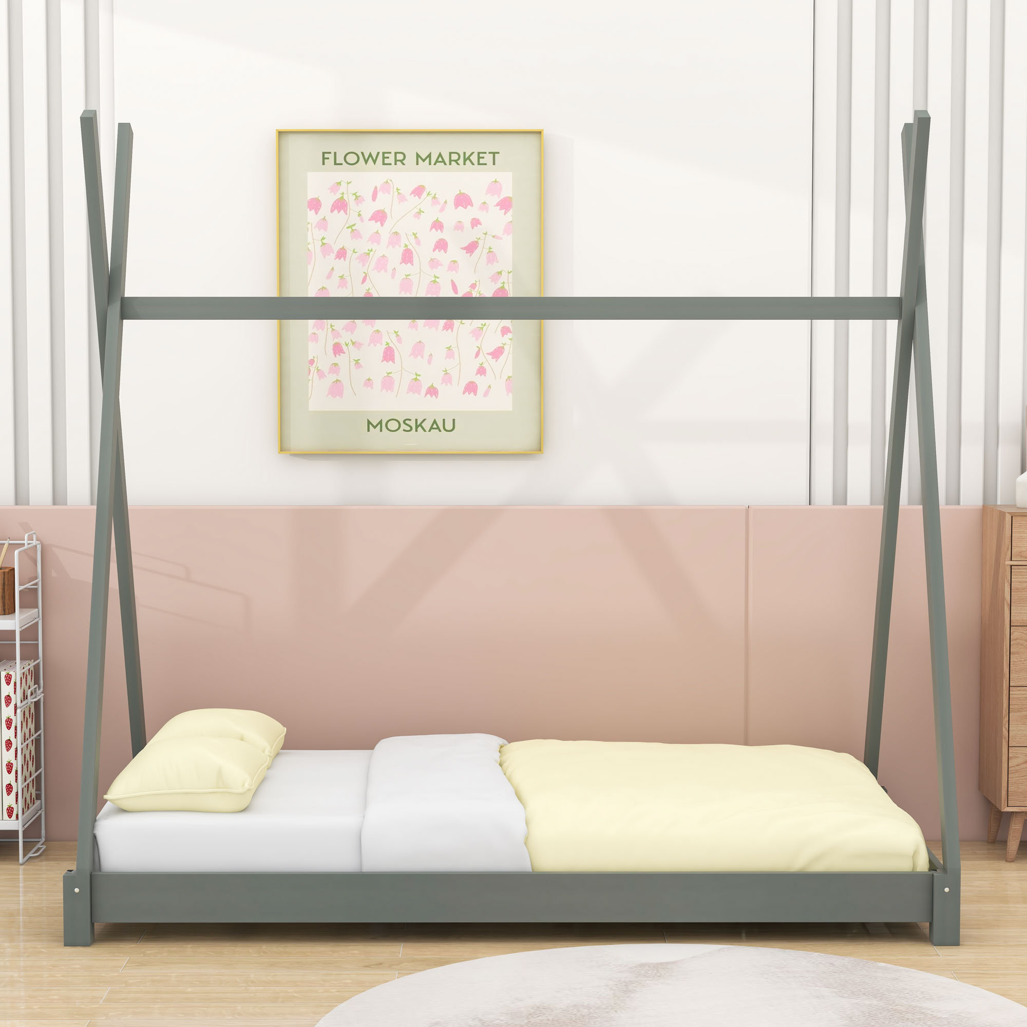 Redwood Rover Twin Wooden House Platform Bed With X-Shaped Railings And ...