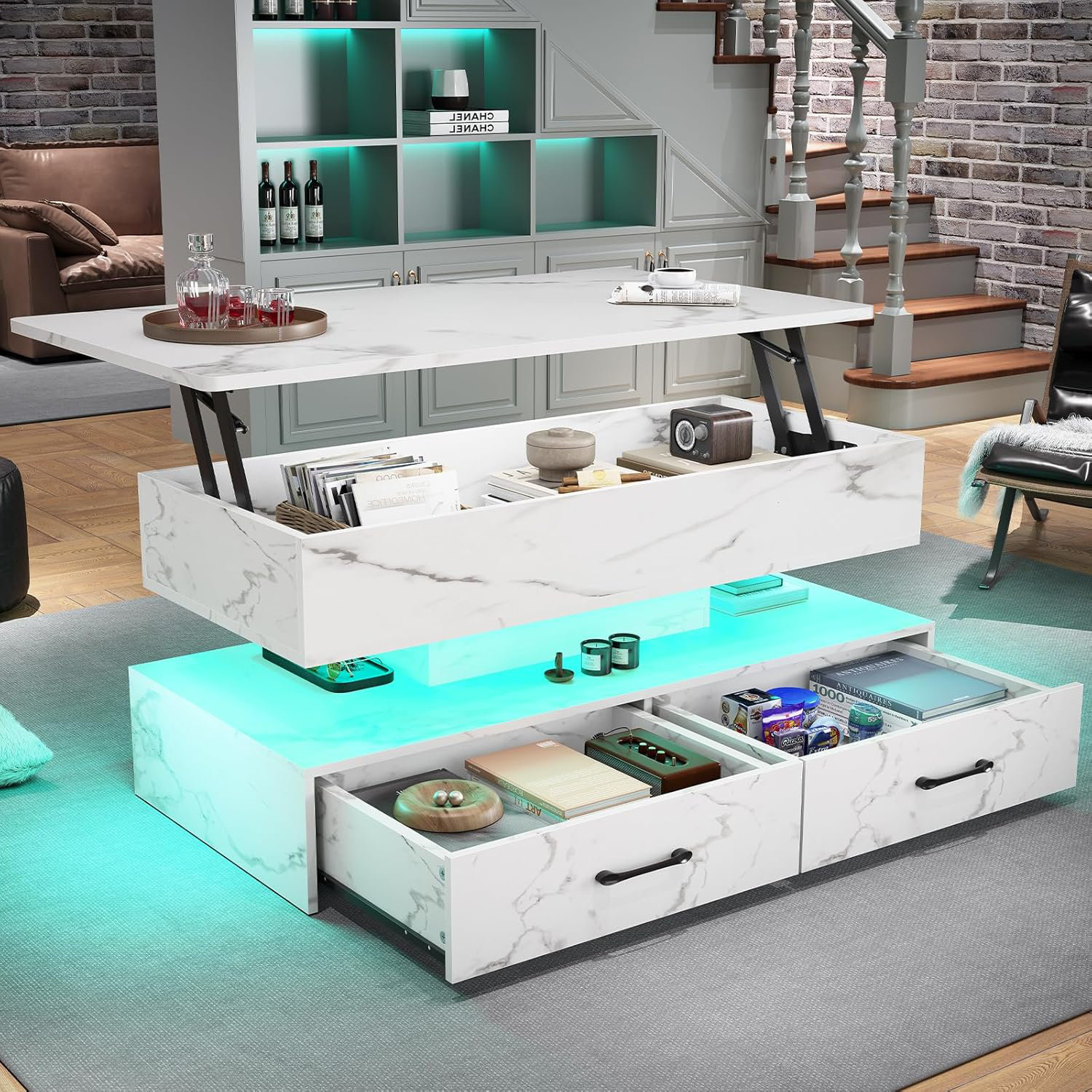 Latitude Run® Lift-Top Coffee Table With Storage, 2 Drawers & LED Light ...