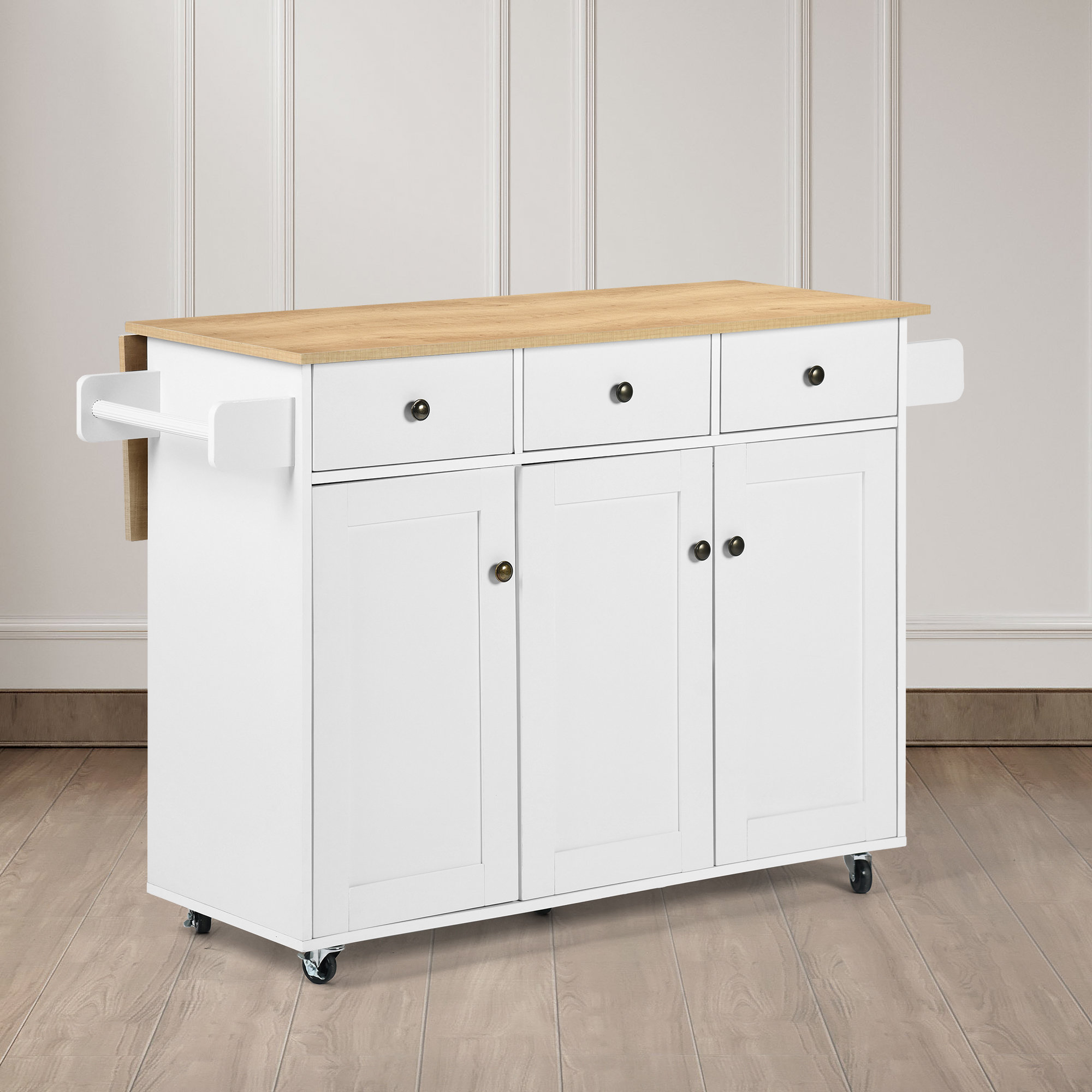 Ebern Designs White Kitchen Island With Wood Countertop, Storage Carts Cabinets For Kitchen ...