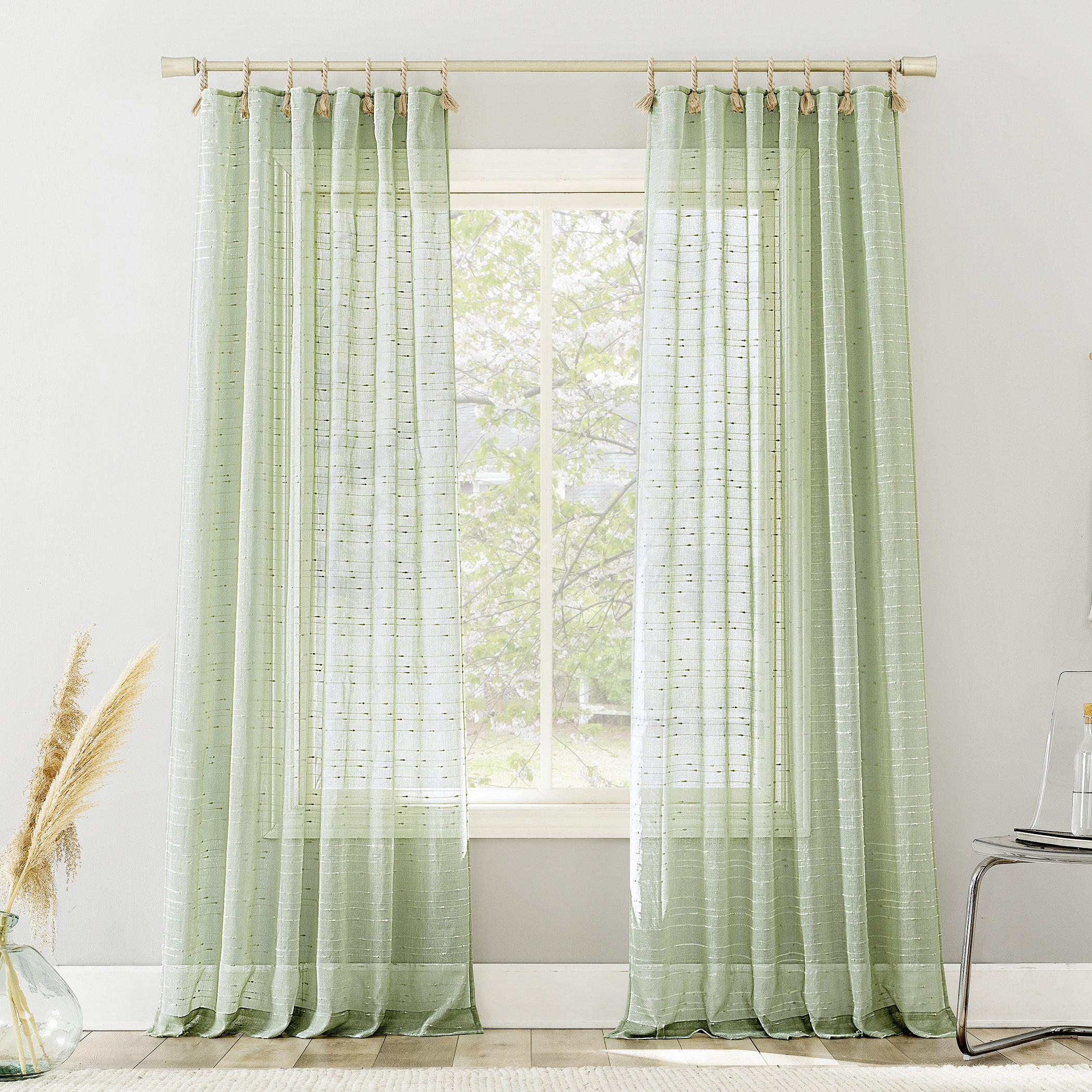 Gracie Oaks Woelk Slub Stripe Rope Tab Semi-Sheer Tie Top Curtain Panel ...