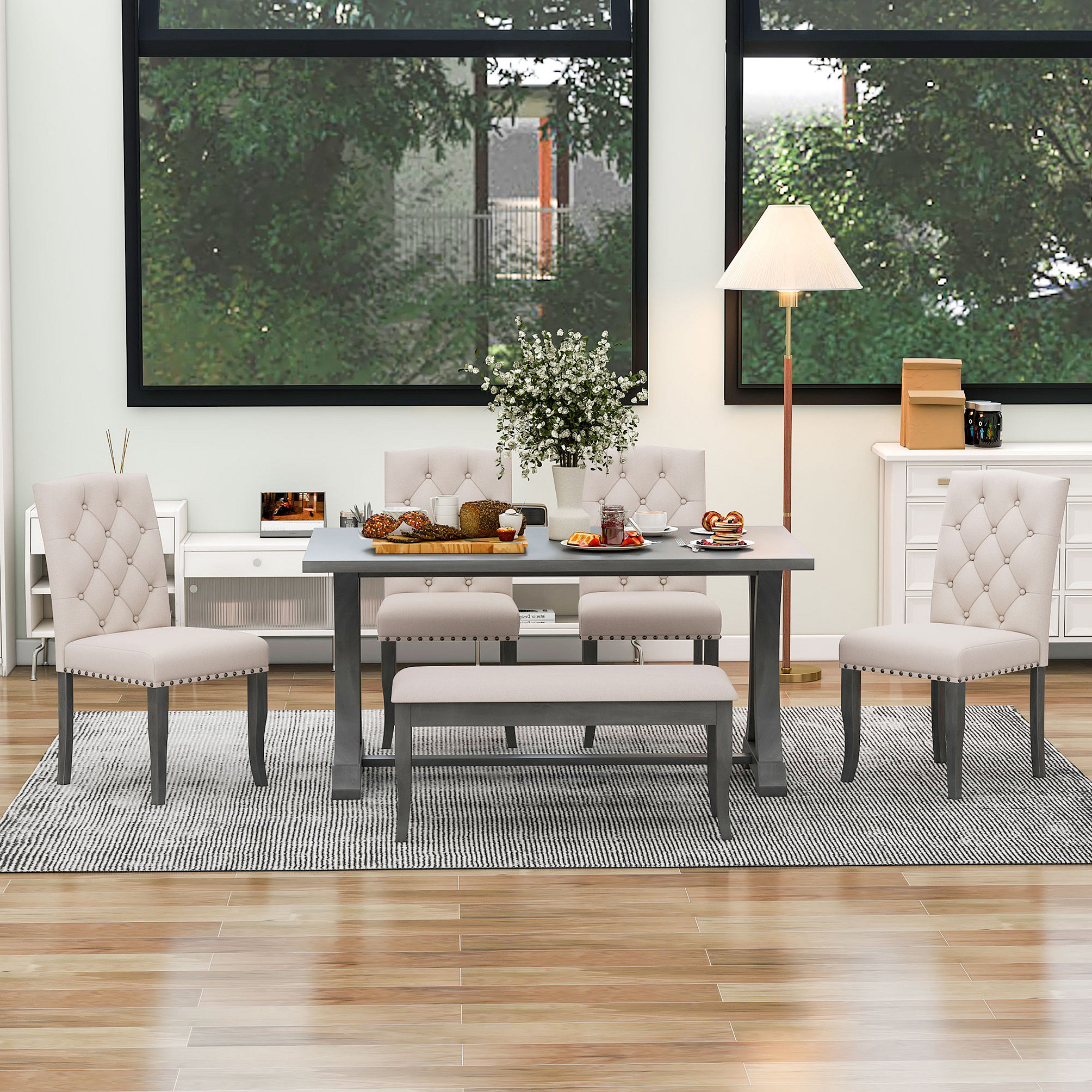 Ophelia & Co. 6-Piece Farmhouse Dining Table Set, Rectangular Trestle ...