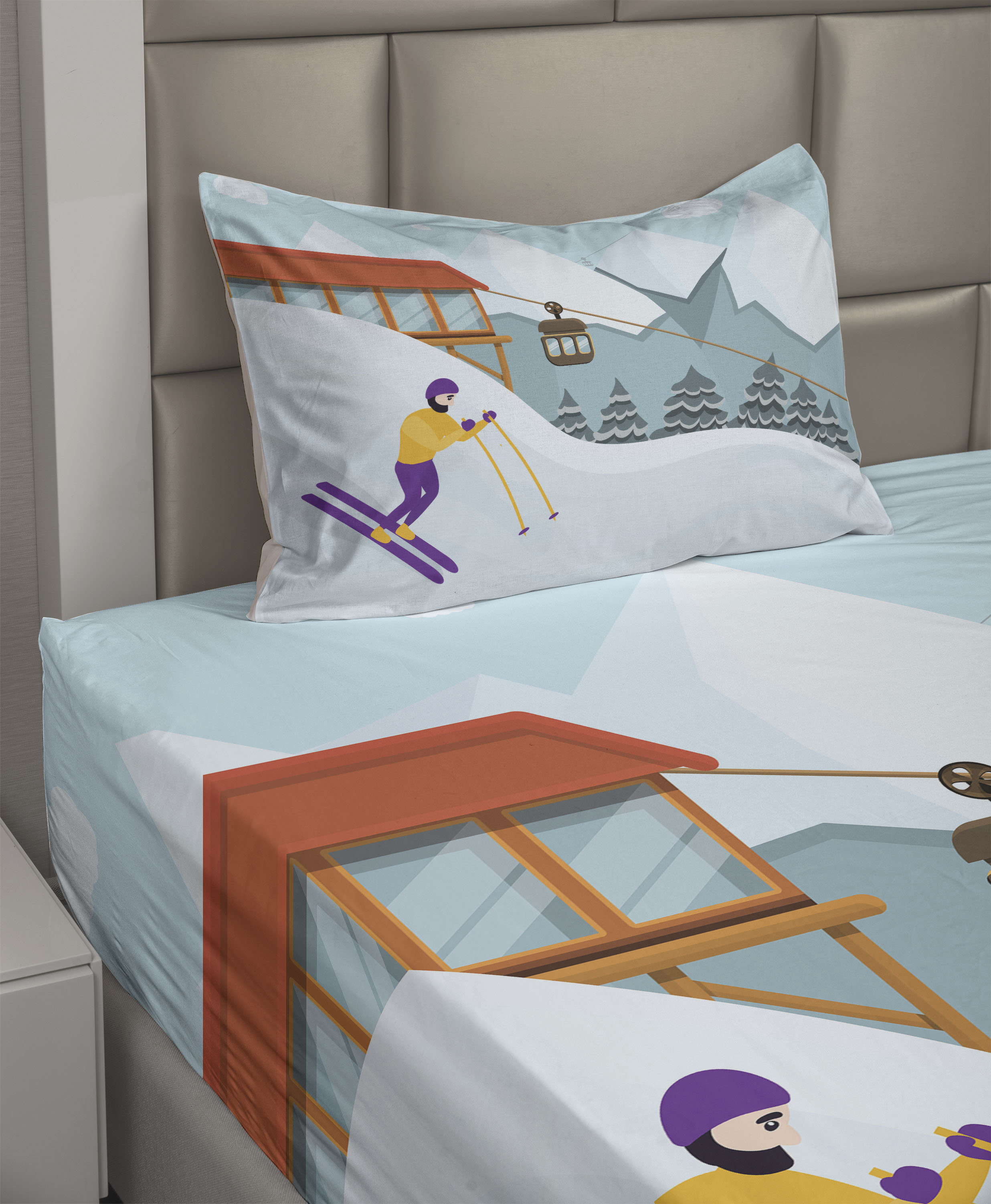 Ambesonne Skiing Sheet SetSnowy Mountains Sportsman Pale Slate Blue and ...