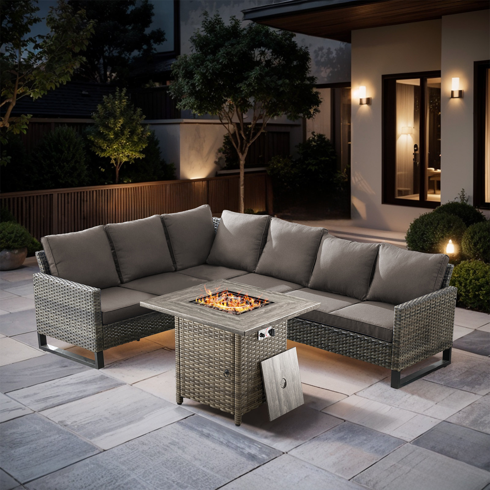 Latitude Run® Outdoor Sectional Patio Furniture Set With Fire Pit Table ...
