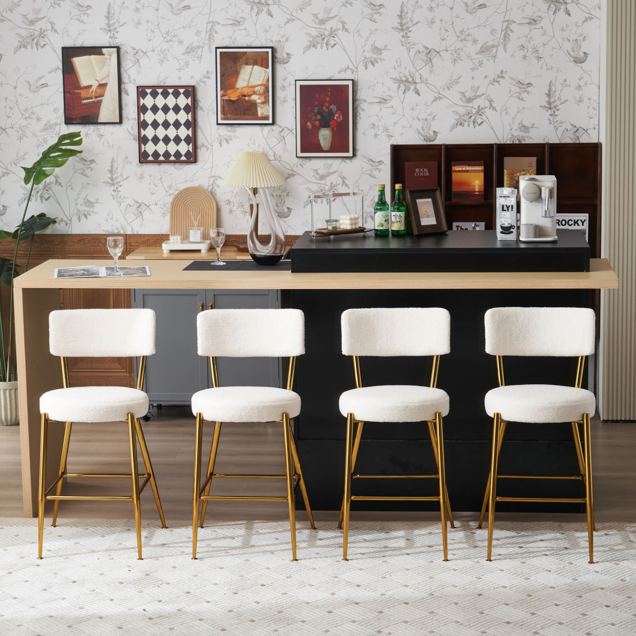 Everly Quinn Modern Teddy Fabric Upholstered Bar Stools Set Of 4, Metal ...