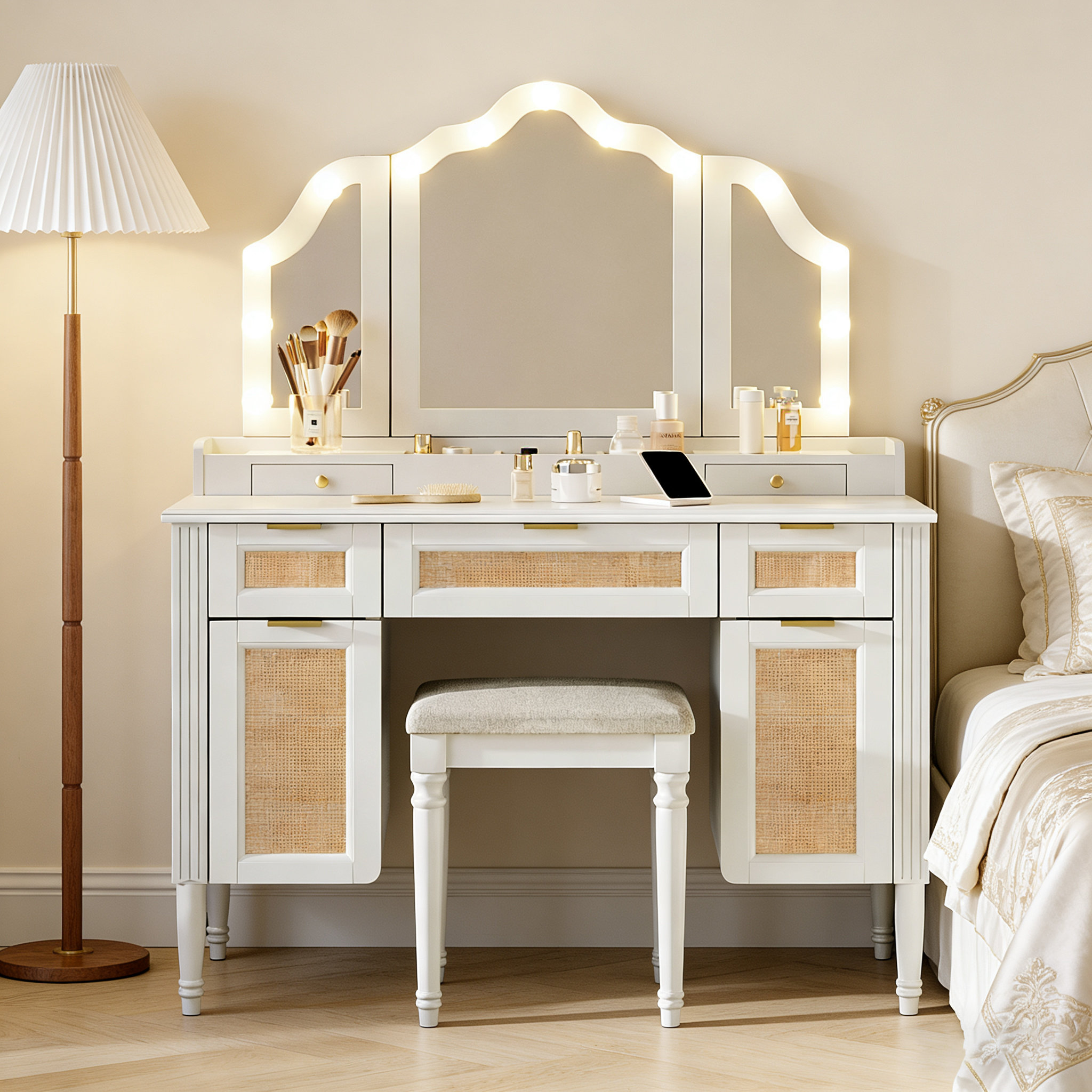Latitude Run® Makeup Vanity Desk with 3 Lighting Modes and Cushioned ...