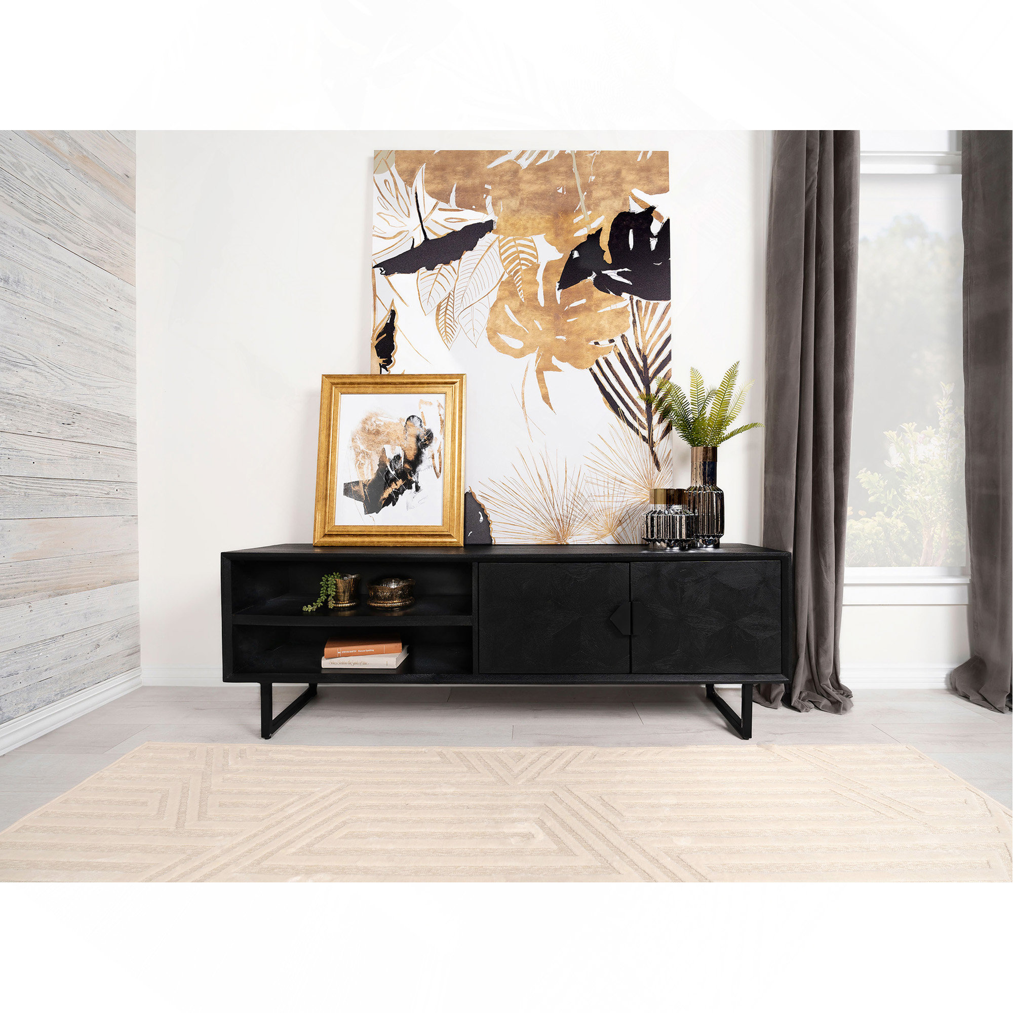 Hokku Designs Modern Charcoal Black 2-Door TV Stand With Open Shelving ...