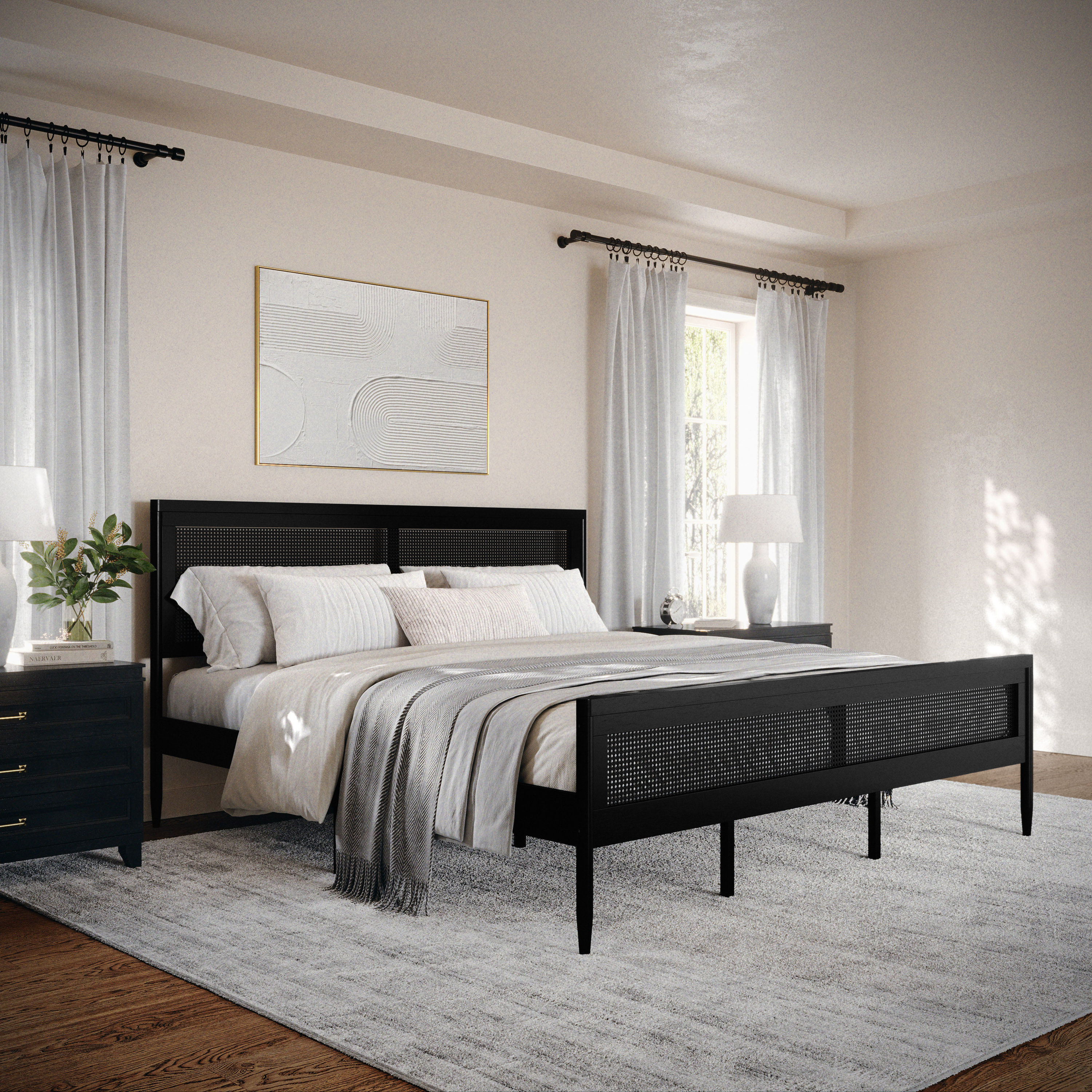 Martha Stewart Jax Wooden Platform Bed With Rattan Inset Headboard And ...