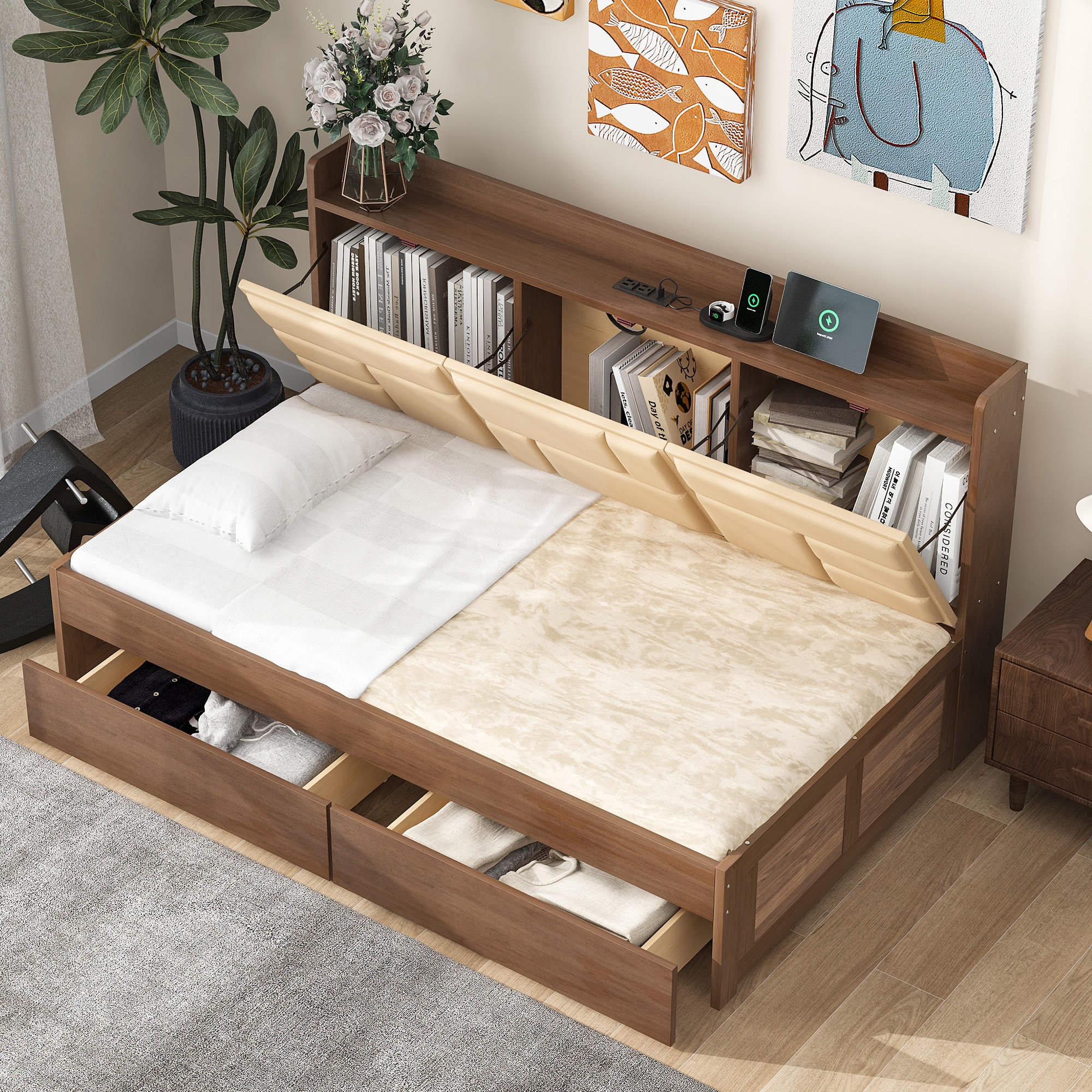 Lark Manor Full Size Wood Daybed With Upholstered Storage Shelves | Wayfair