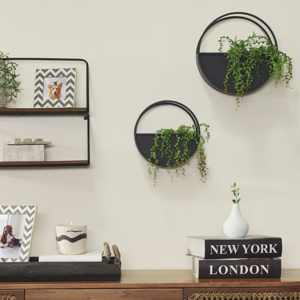 Steelside™ Modern Set of 2 Metal Round Wall Planters Black Iron Plant ...
