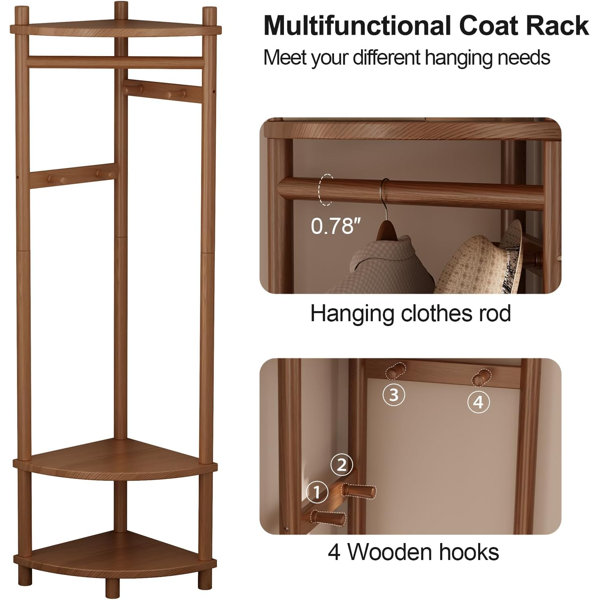 Rebrilliant Solid Wood Corner Hall Tree With Hanging Clothes Rod 4 ...