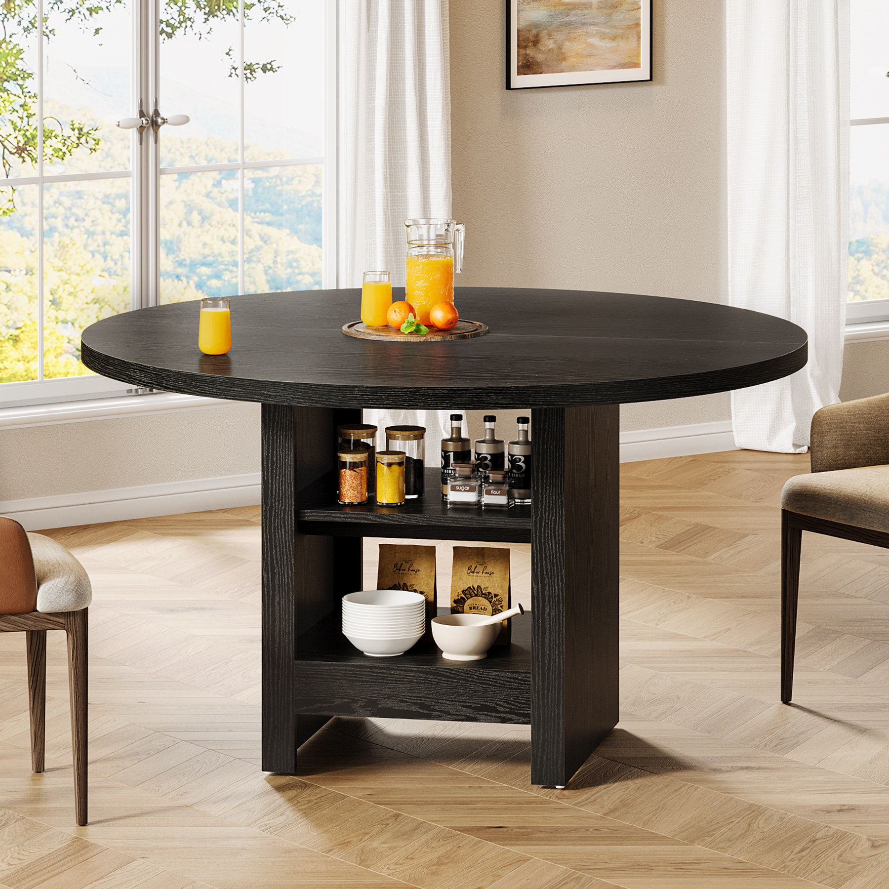 Ebern Designs Black Round Dining Table For 4, 47-inch Modern Kitchen ...