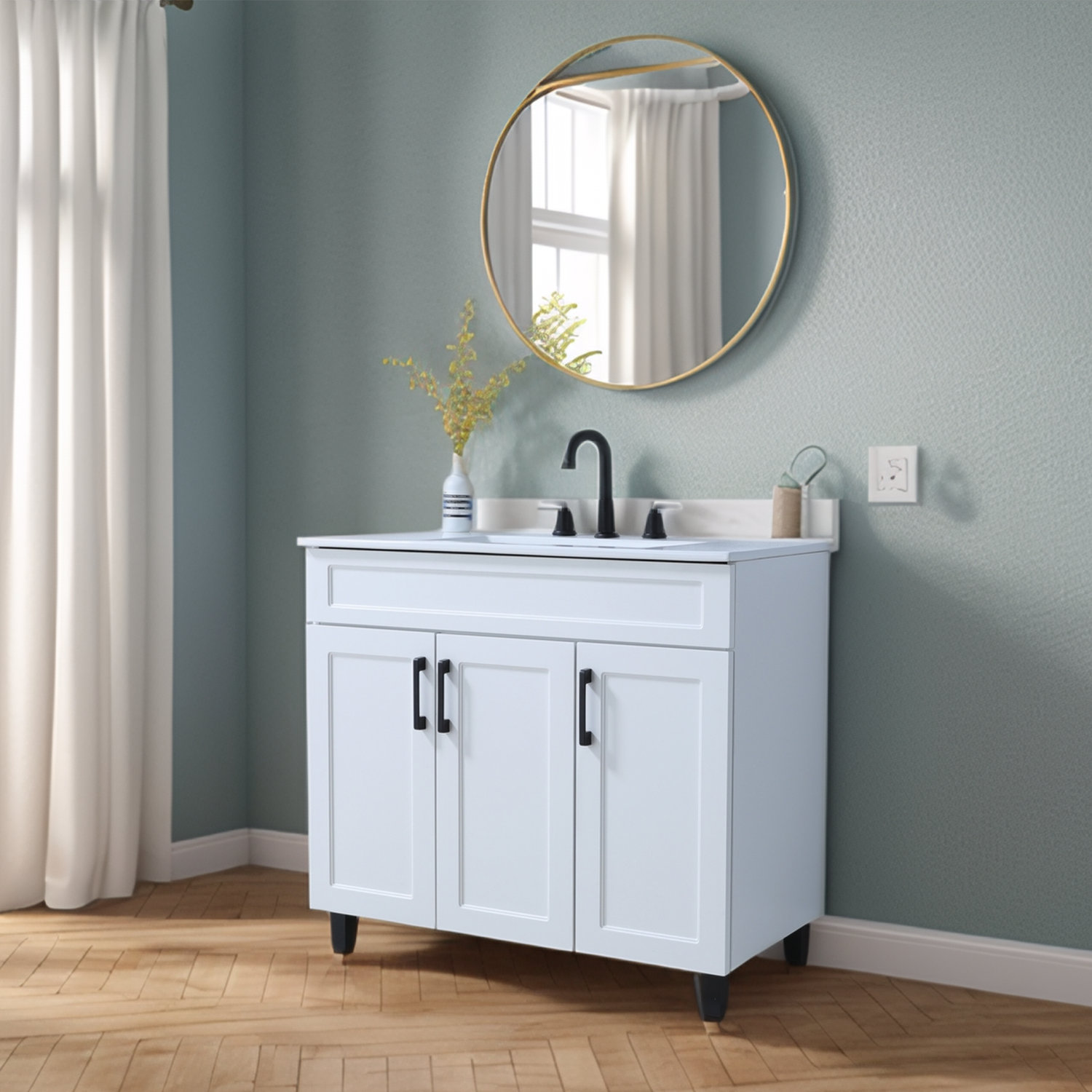Ebern Designs 36" White Modern Single Bathroom Vanity With Ceramic Top ...