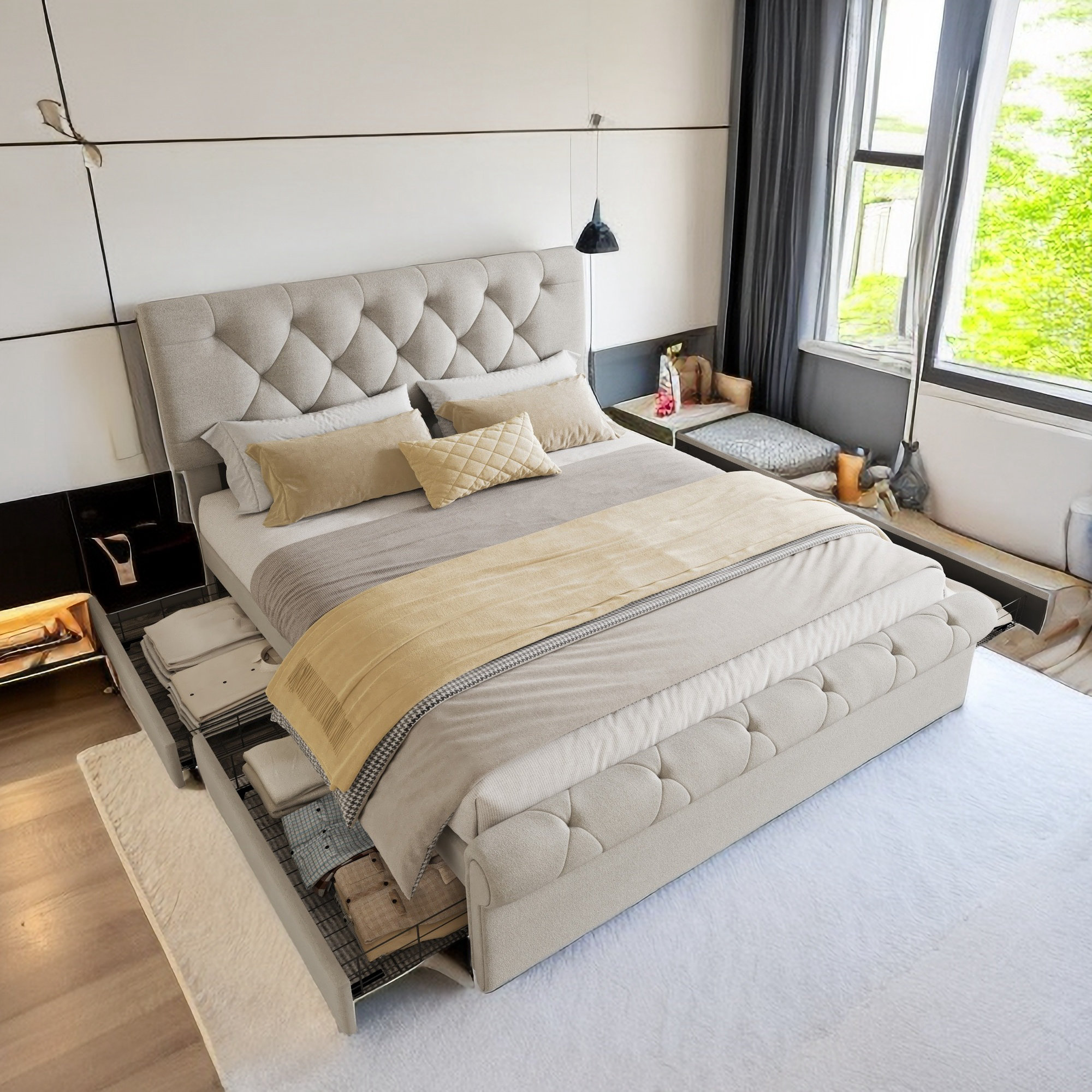 Red Barrel Studio Brieg Upholstered Platform bed with Four Drawers and ...