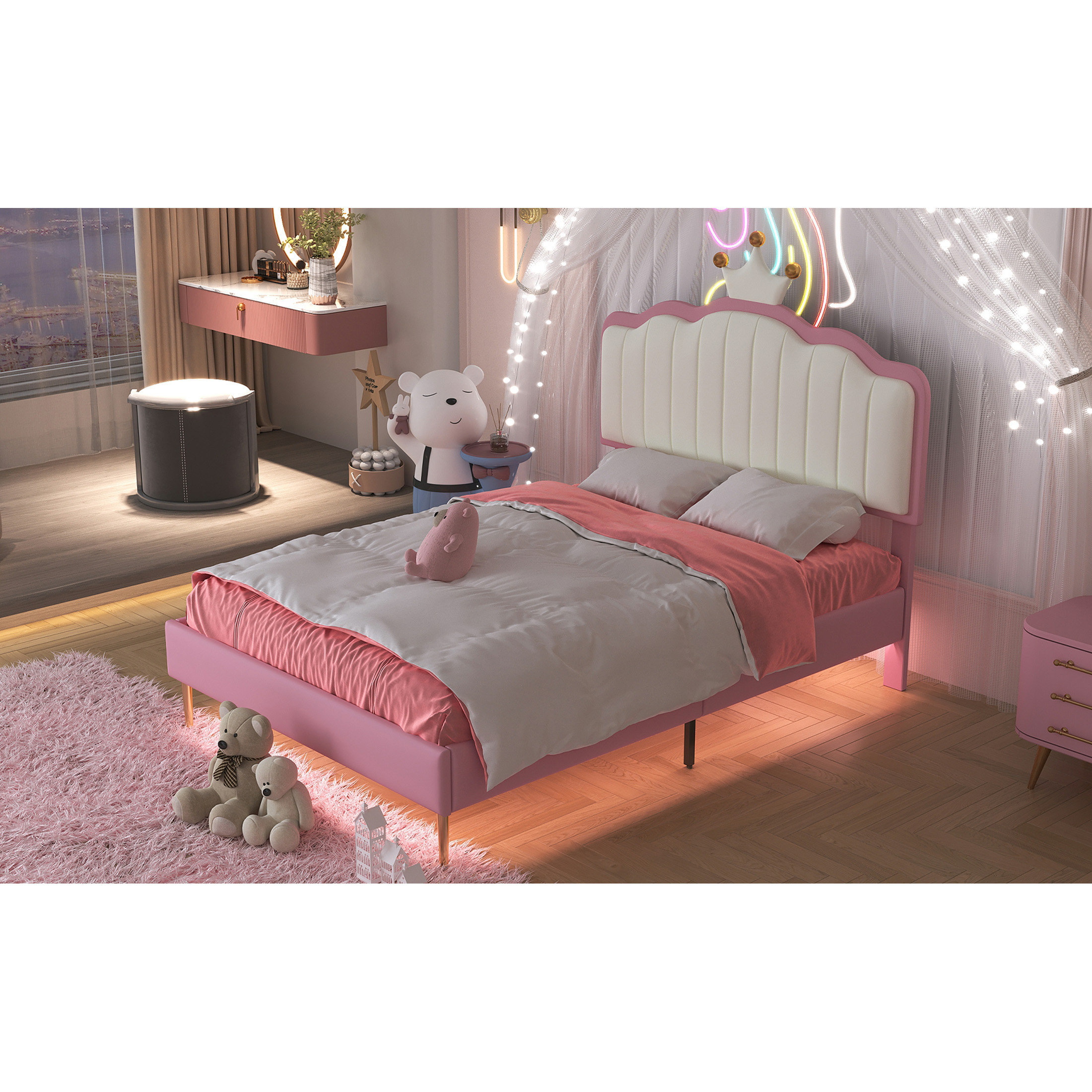 Mercer41 Upholstered Princess Bed With Crown Headboard, Platform Bed ...
