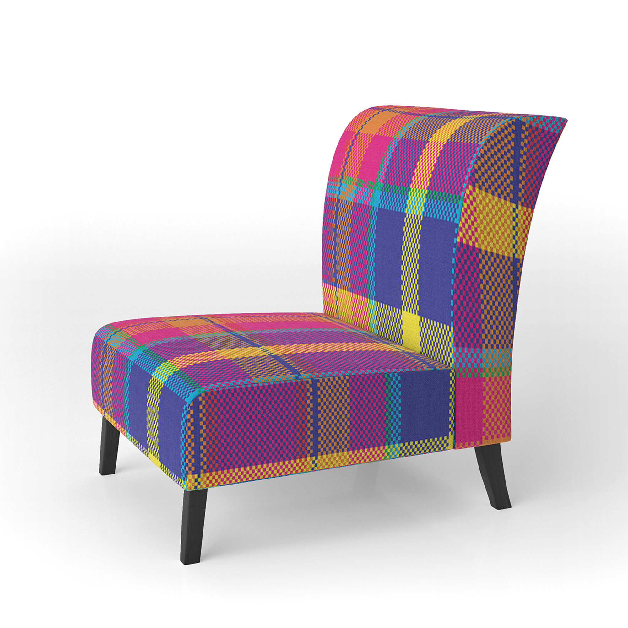 Orren Ellis Pink And Blue Checked Tartan - Upholstered Patterned Accent ...