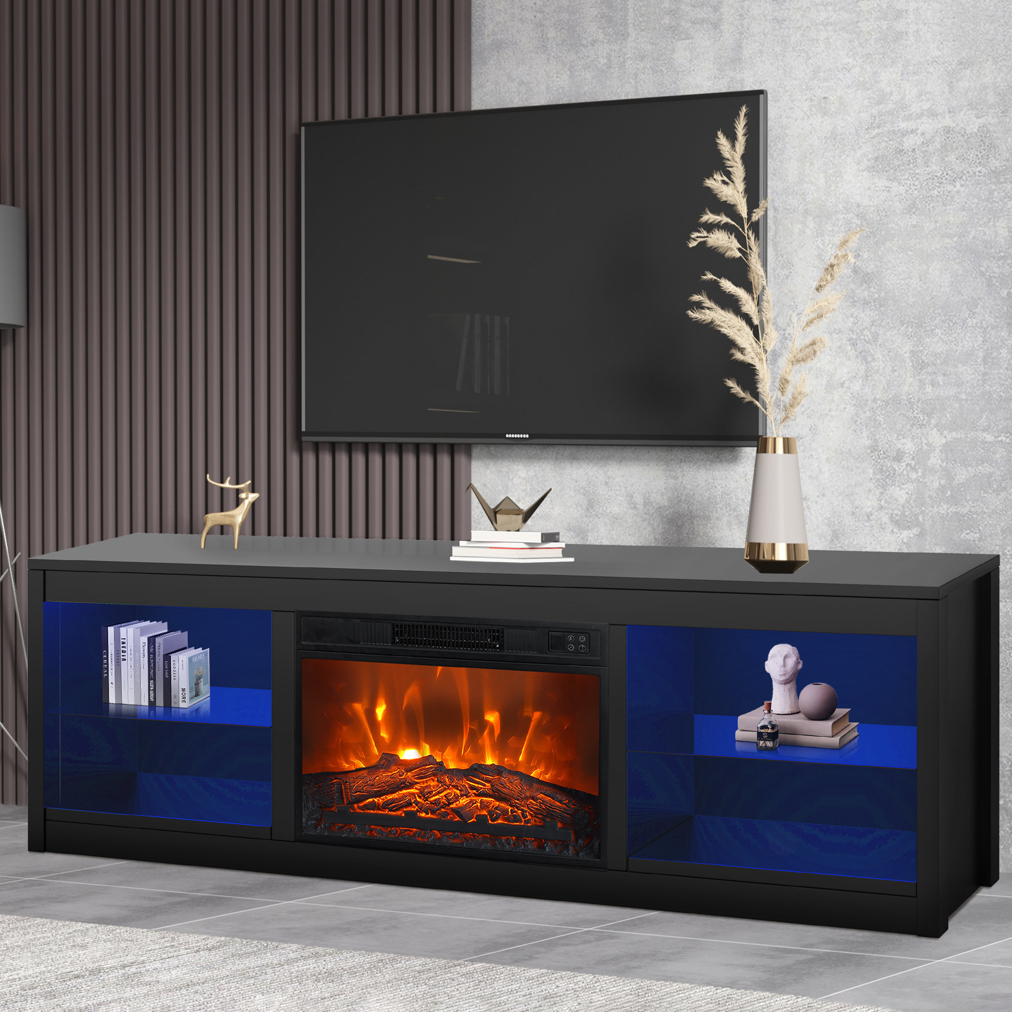 Ivy Bronx 66" TV Stand With 23" Insert Electric Fireplace And Open ...