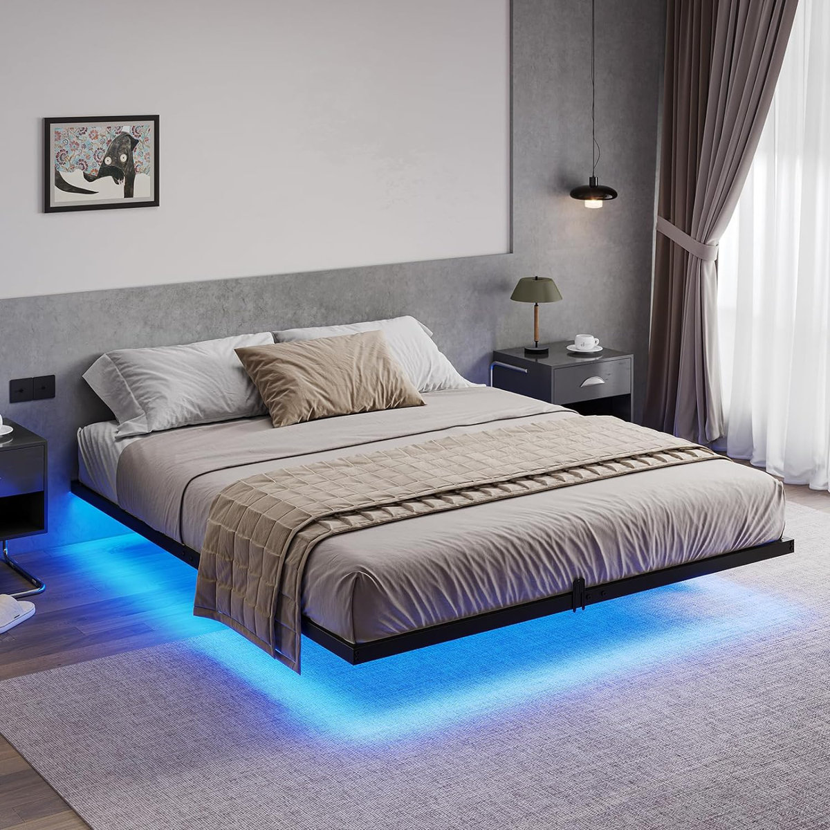 Wrought Studio Cadre de lit flottant pour grand lit avec lumières DEL ...