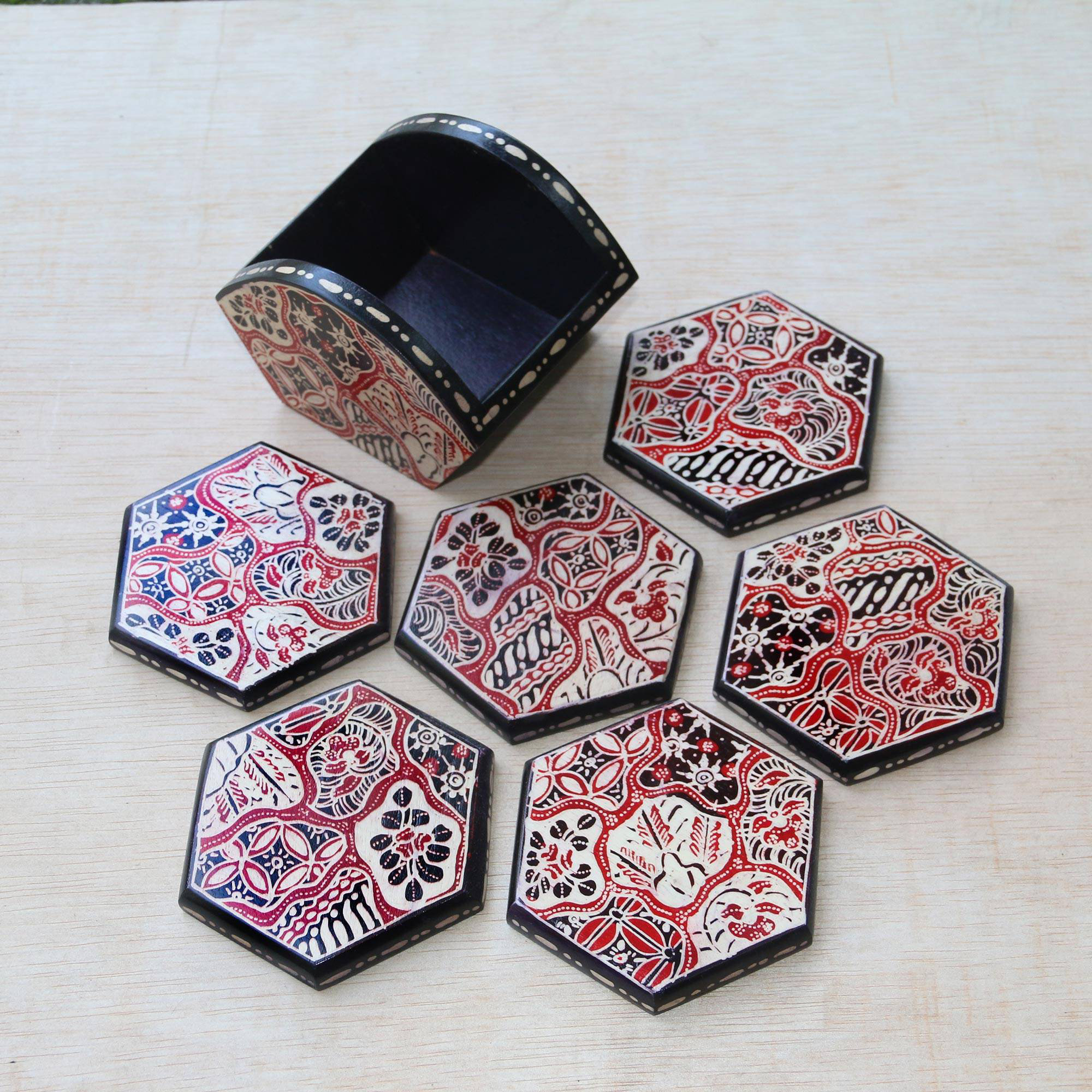 World Menagerie 6 Piece Sekarjagad Wood Batik Coaster Set | Wayfair