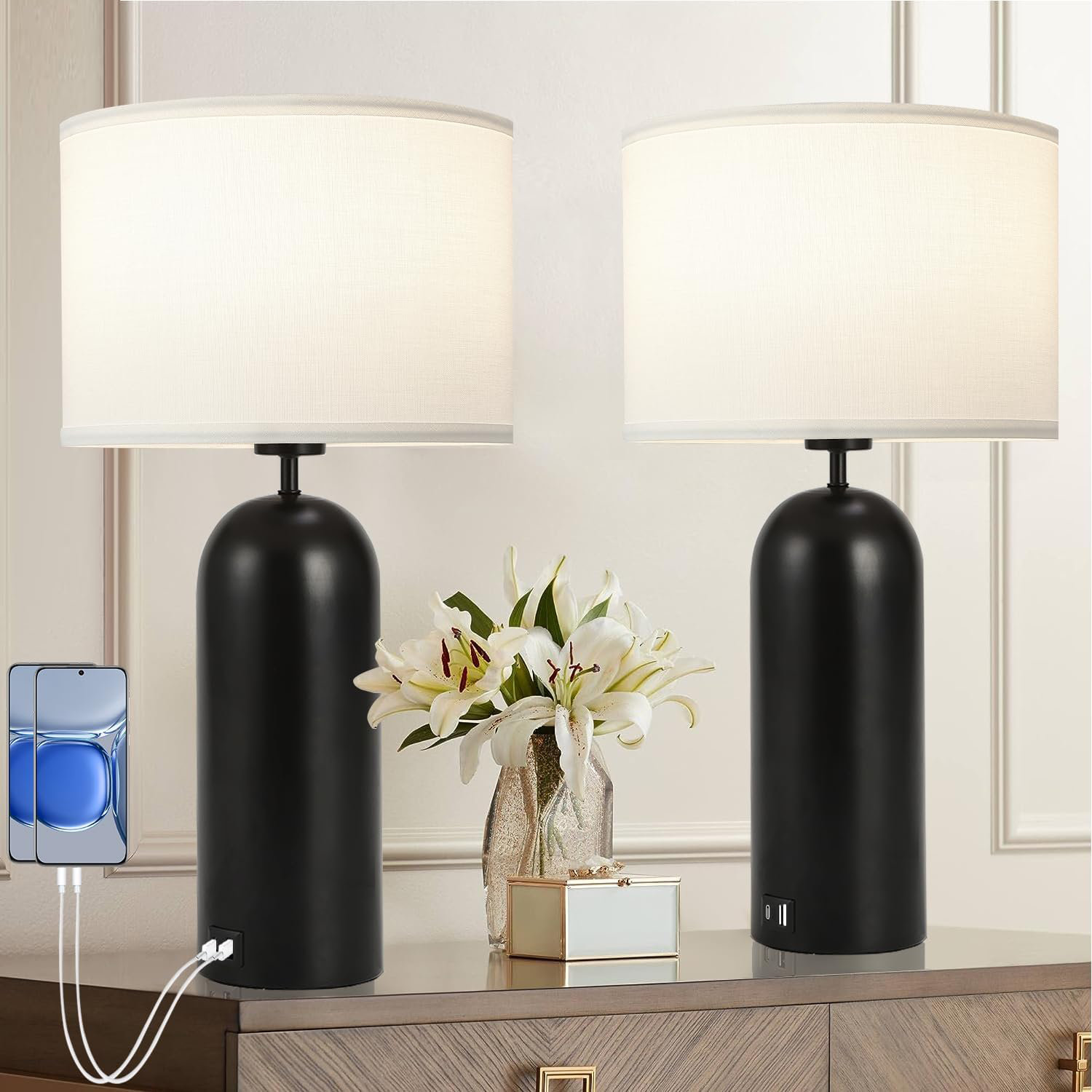 George Oliver Set Of 2 Touch Control Dimmable Table Lamps With USB A+C ...