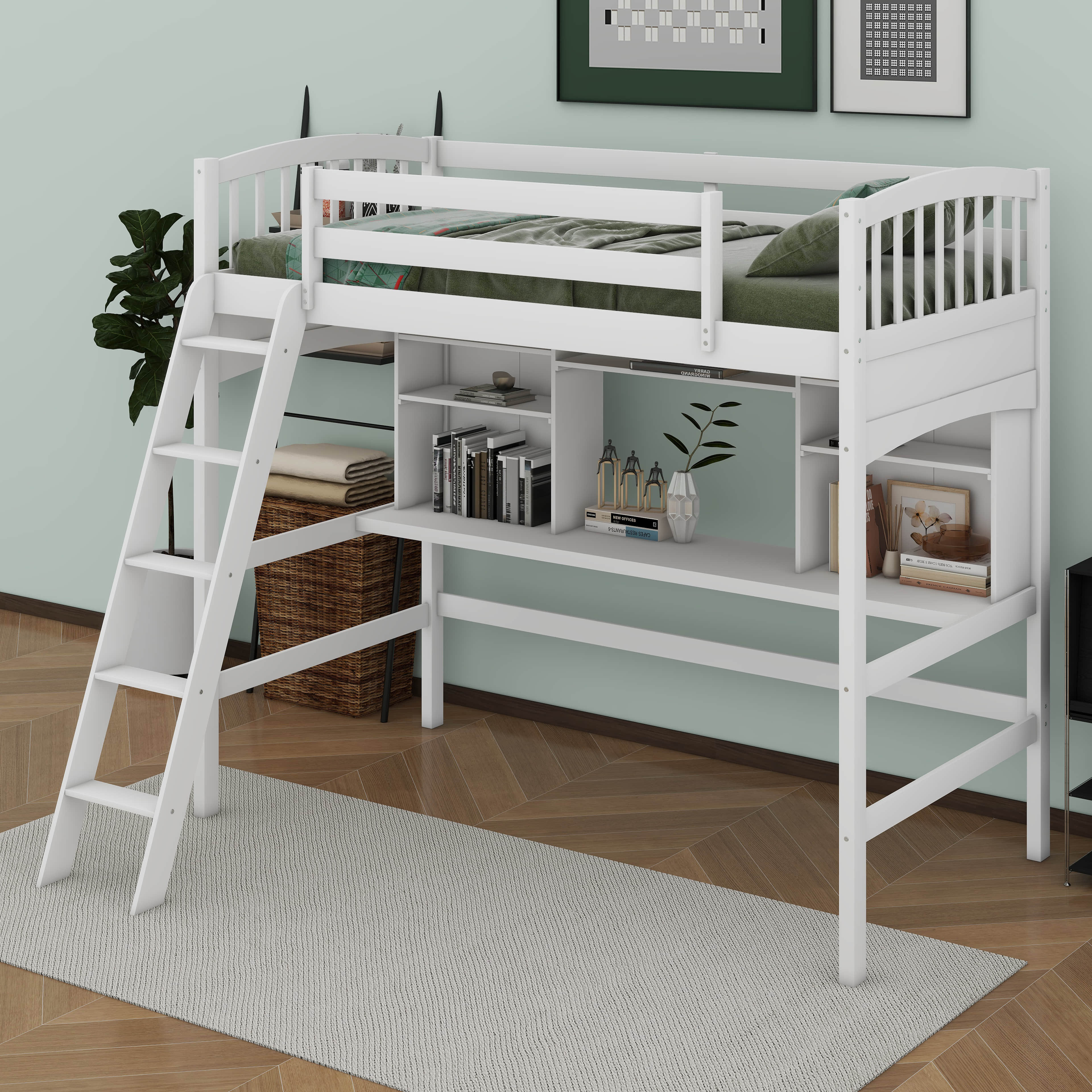 Harriet Bee Joshuel Twin Size Loft Bed With Storage Shelves, Desk And Ladder | Wayfair