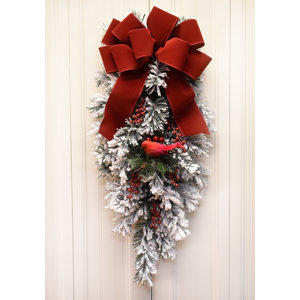 Floral Home Decor Holiday Cardinal Door Swag with Flocked Snow ...