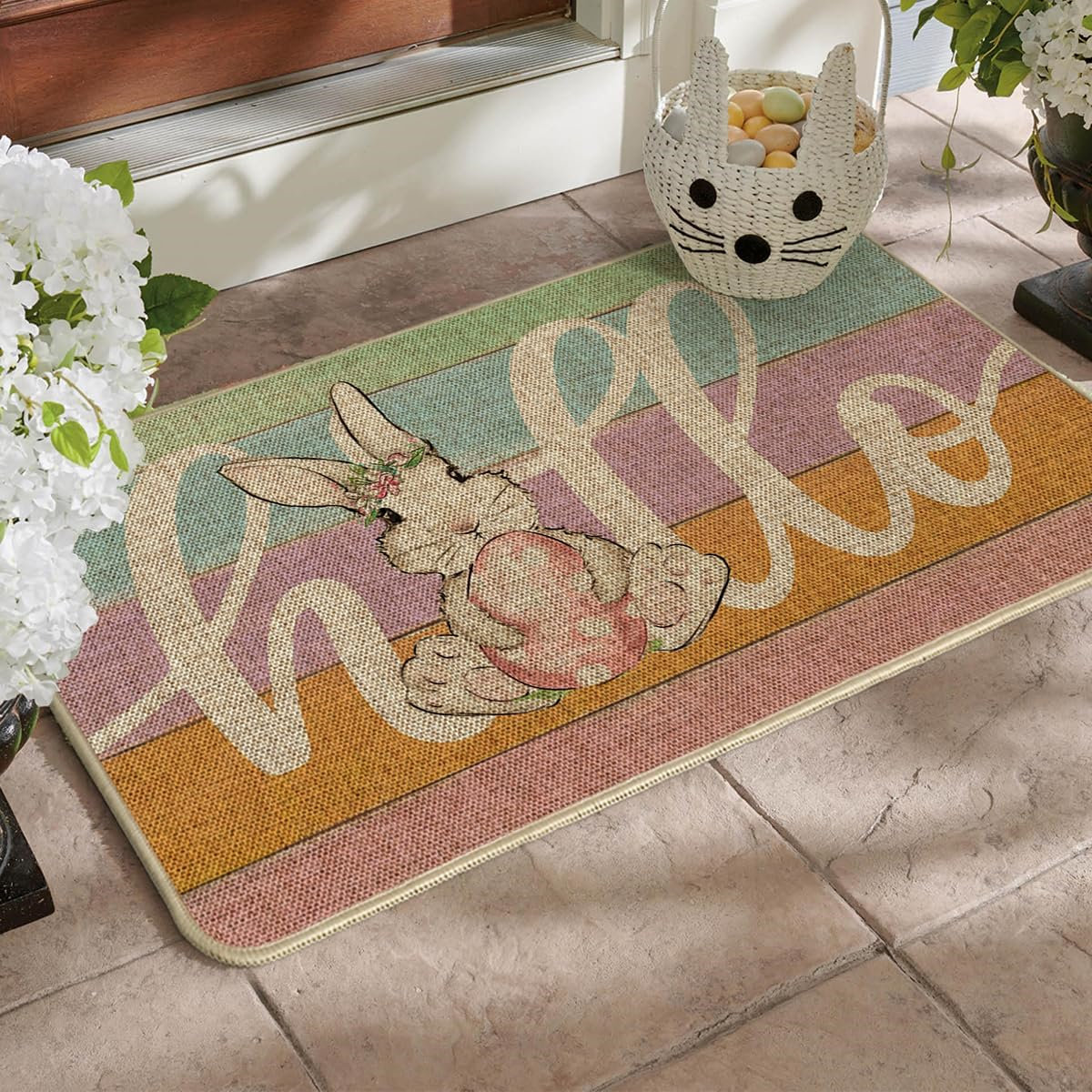 Ophelia & Co. Doormat For Indoor Outdoor,Bunny Rabbit Pink Egg Hello ...