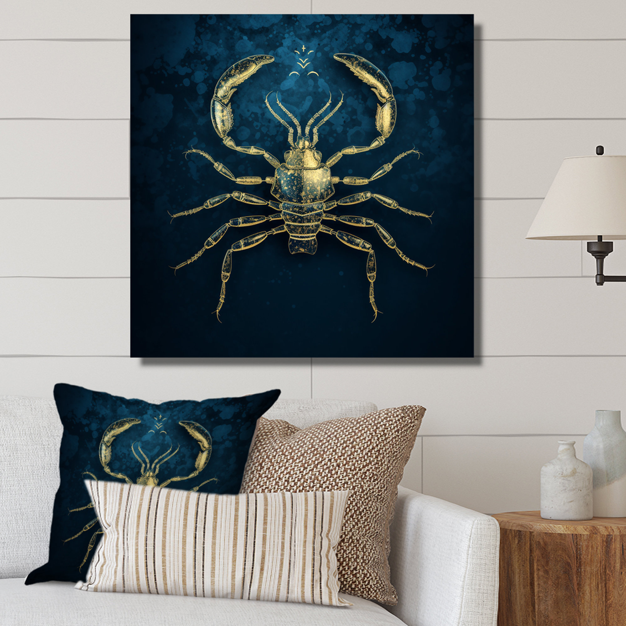 Mercer41 Exquisite Scorpio Gold On Blue On Canvas Print | Wayfair