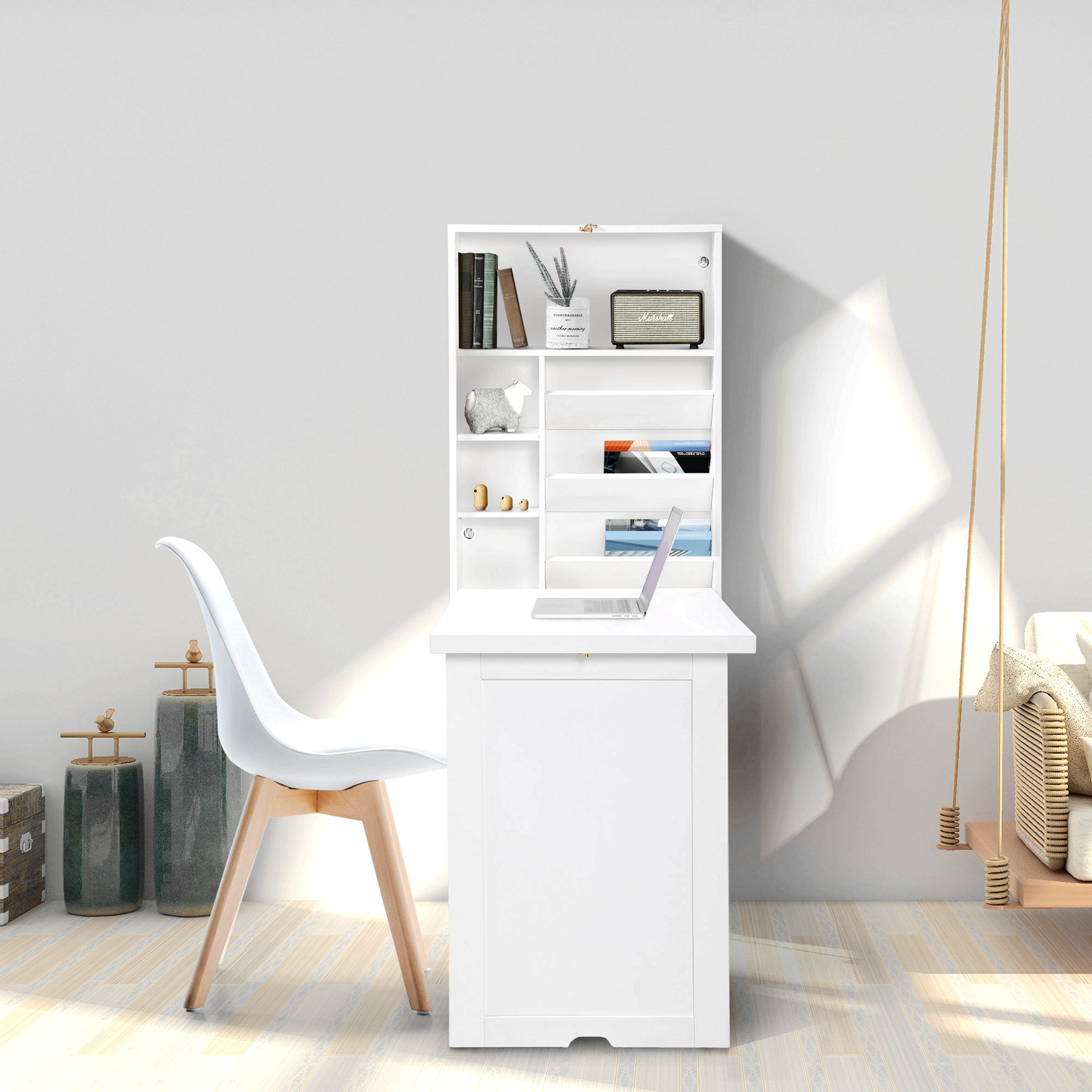 Red Barrel Studio Modern Compact Wood Wall Mounted Folding Desk Cabinet ...