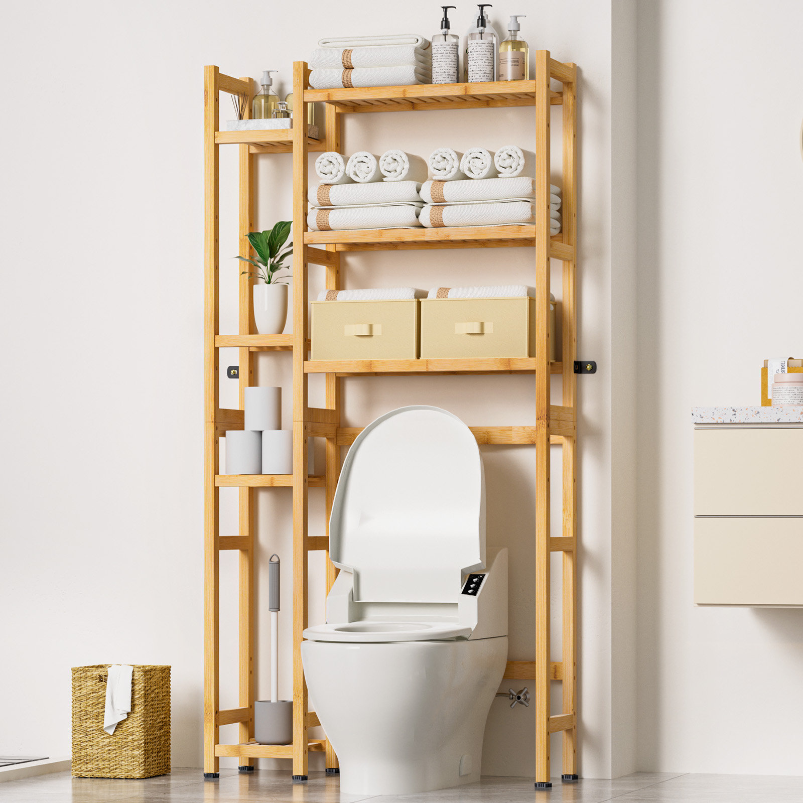 George Oliver Over The Toilet Storage With Basket And Drawer, Bamboo ...
