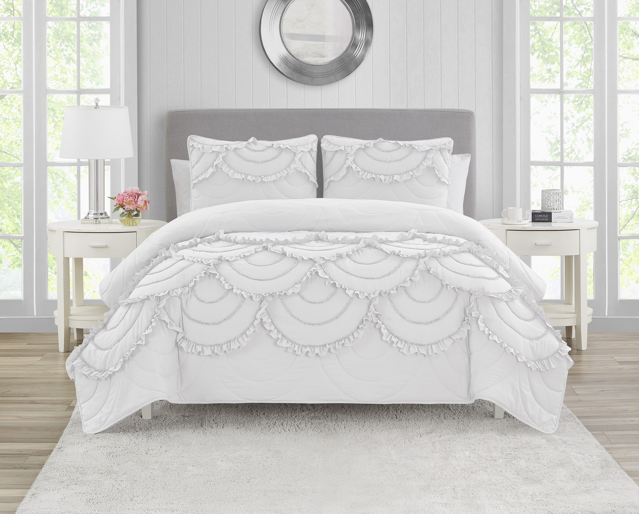 DESIGN STUDIO Scallop Ruffle White Garment Washed Soft Solid Quilt Set ...
