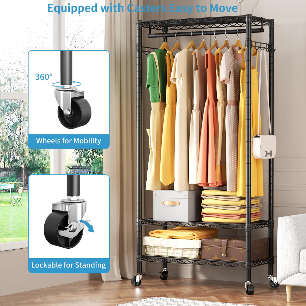 Rebrilliant Heavy Duty Rolling Garment Rack - 3-Tier Adjustable Wire ...