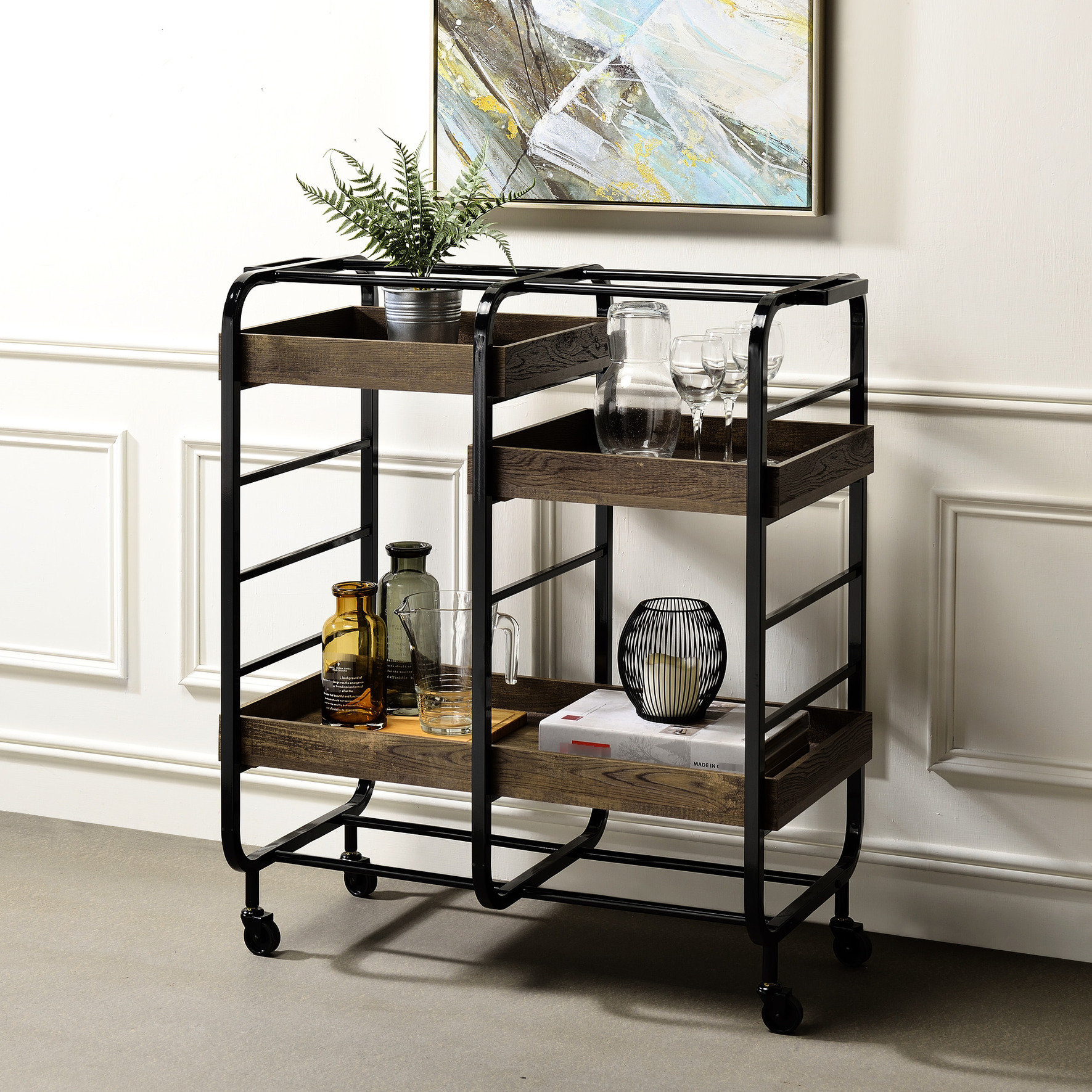 Latitude Run® Kitchen Carts - Black And Walnut With 3 Adjustable Trays ...