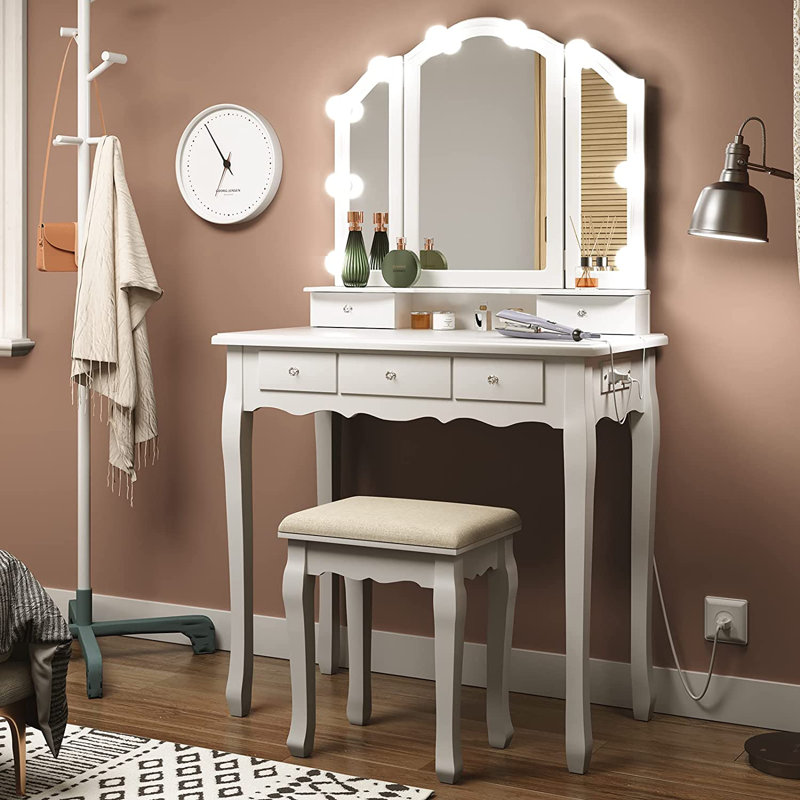 Rosdorf Park Ermis Vanity Set with Stool and Mirror & Reviews | Wayfair