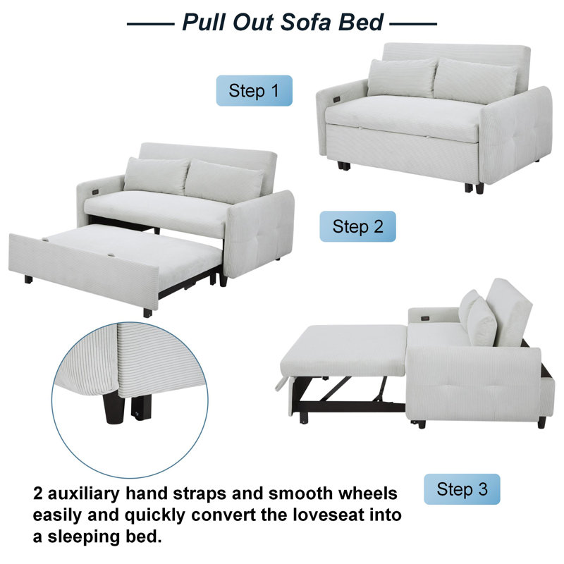 Latitude Run® Isel 57'' Sofa Bed Sleeper Loveseat with USB Port and Two ...