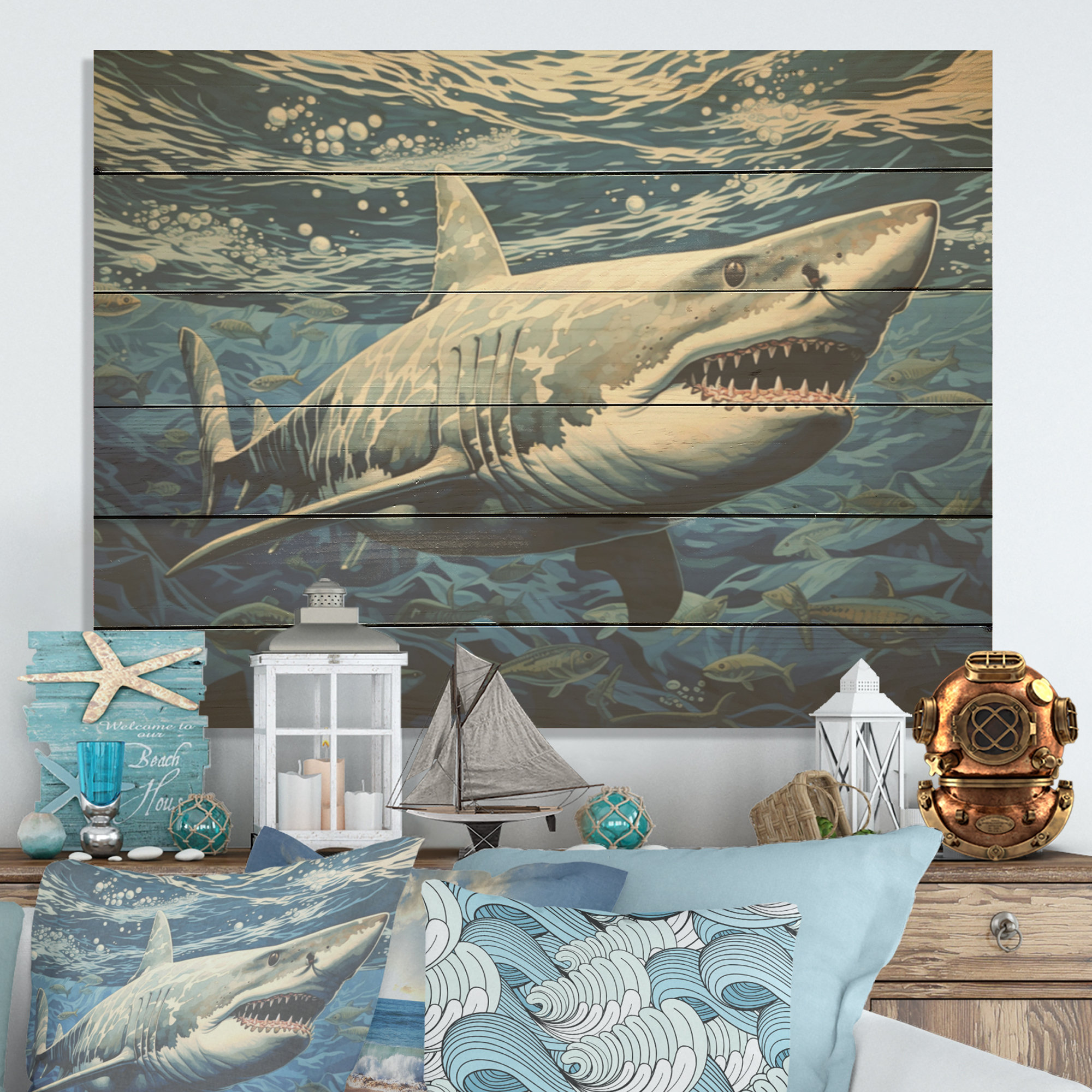 Highland Dunes Shark Echo Painting - Shark Wood Art On Natural Pine Wood | Wayfair