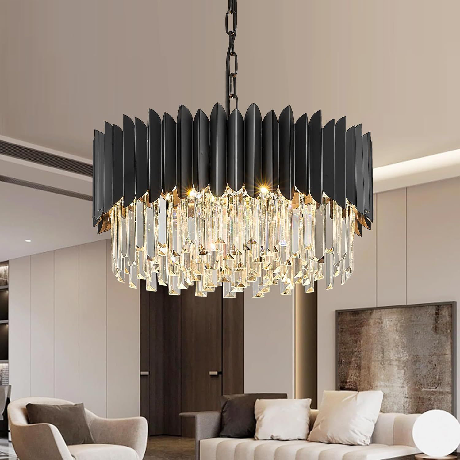 Mercer41 Black Crystal Chandelier 20'' K9 Crystal Round Pendant Lights Adjustable 4-Tier Large ...