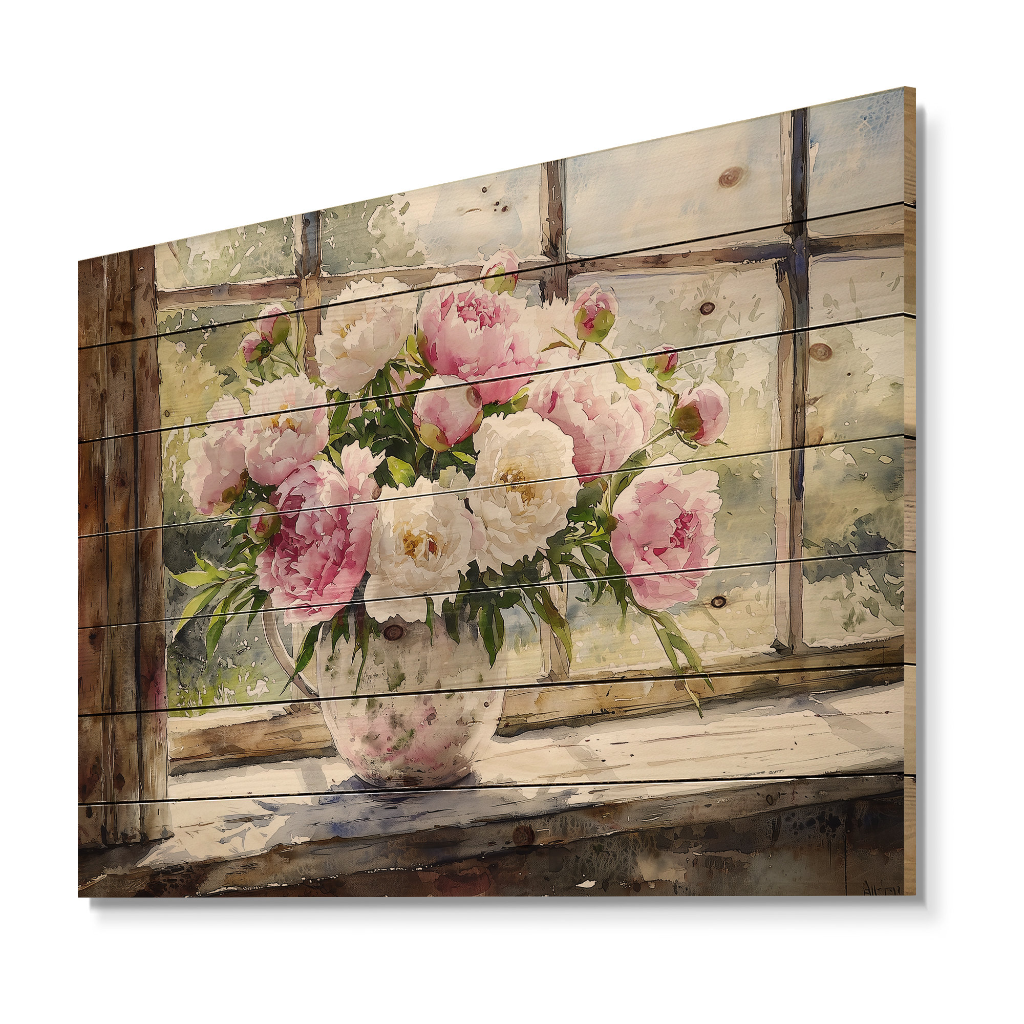 Ophelia & Co. Rustic Romance Peony Bouquet II - Peonies Wood Wall Decor - On Natural Pine Wood ...
