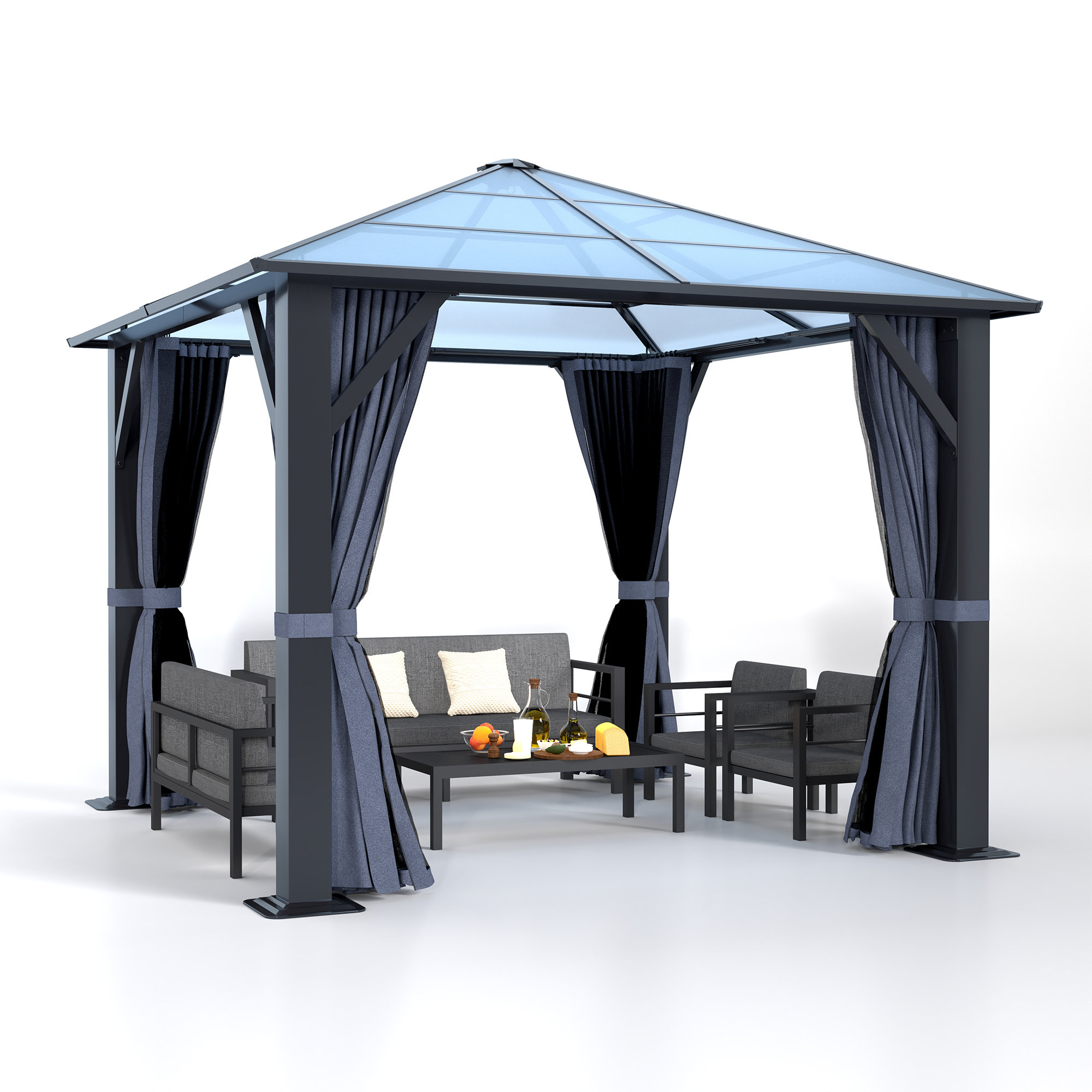 Gartoo Patio Hardtop Steel Gazebo with Polycarbonate Roof, Curtains and ...