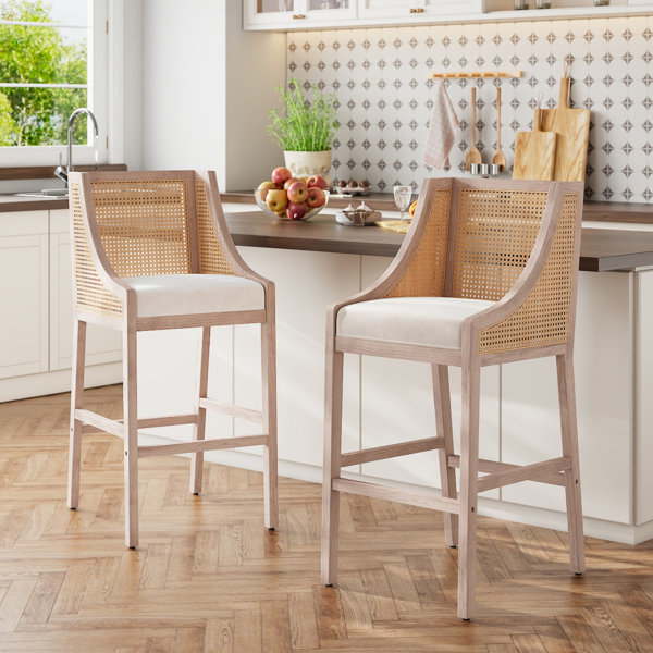 Highland Dunes Natural Rattan Bar Stools with Backrest(Set of 2 ...