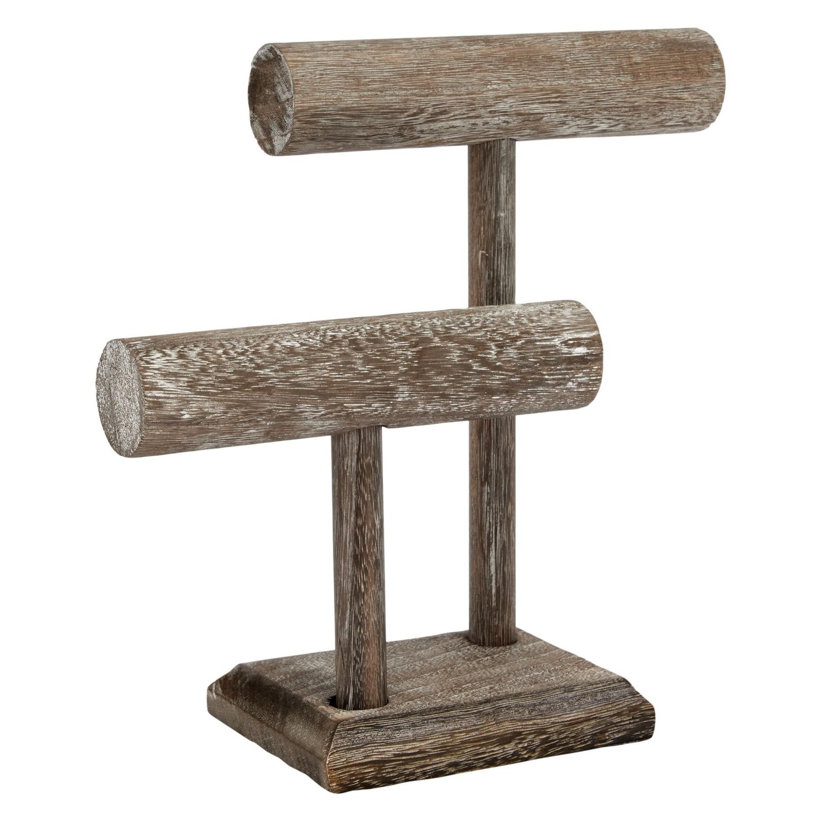 Gracie Oaks Rustic-Style 2-Tier Jewelry Organizer Stand, Wooden T-Bar ...