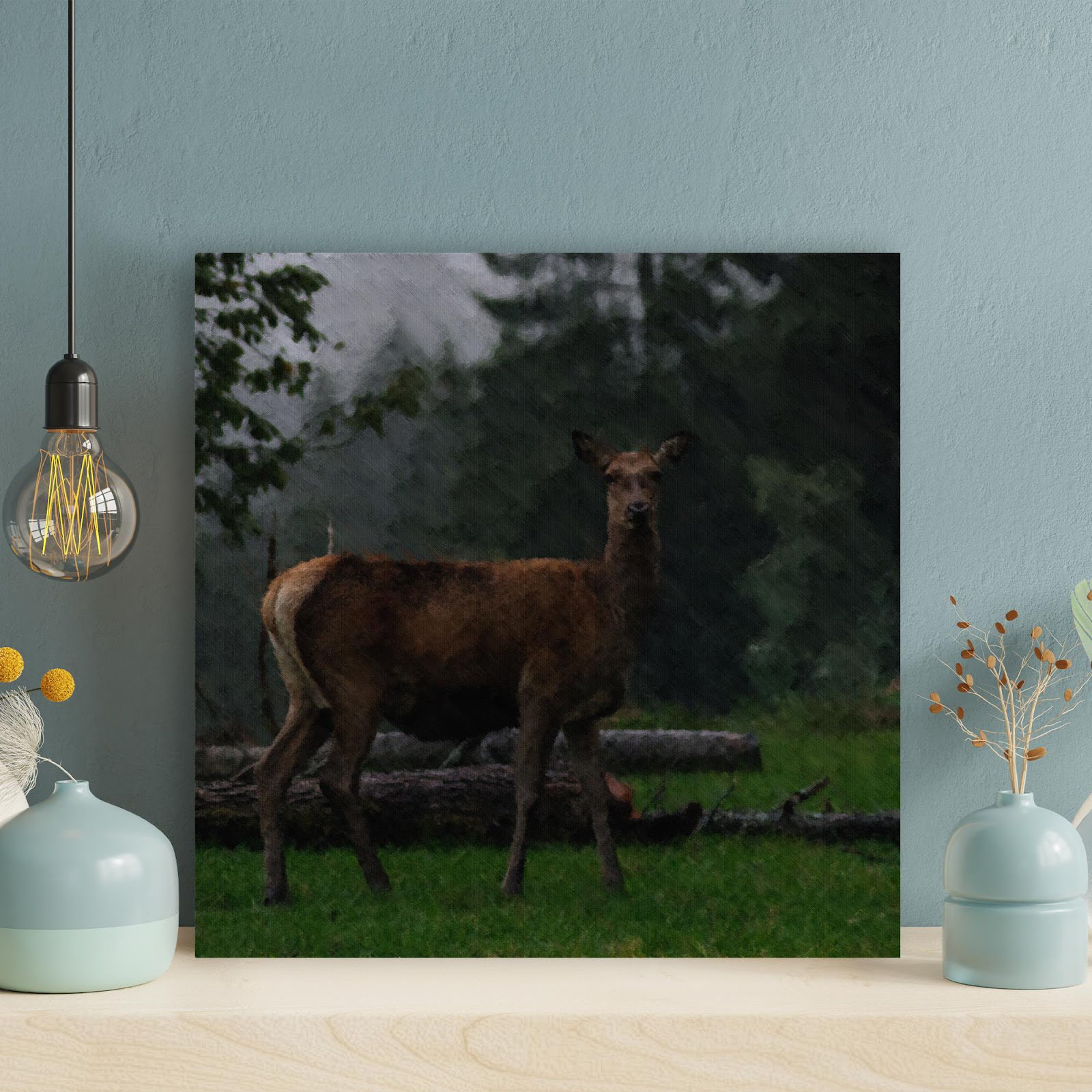 Millwood Pines " Brown Deer In Green Field Near Cu Logs Surrounded With ...