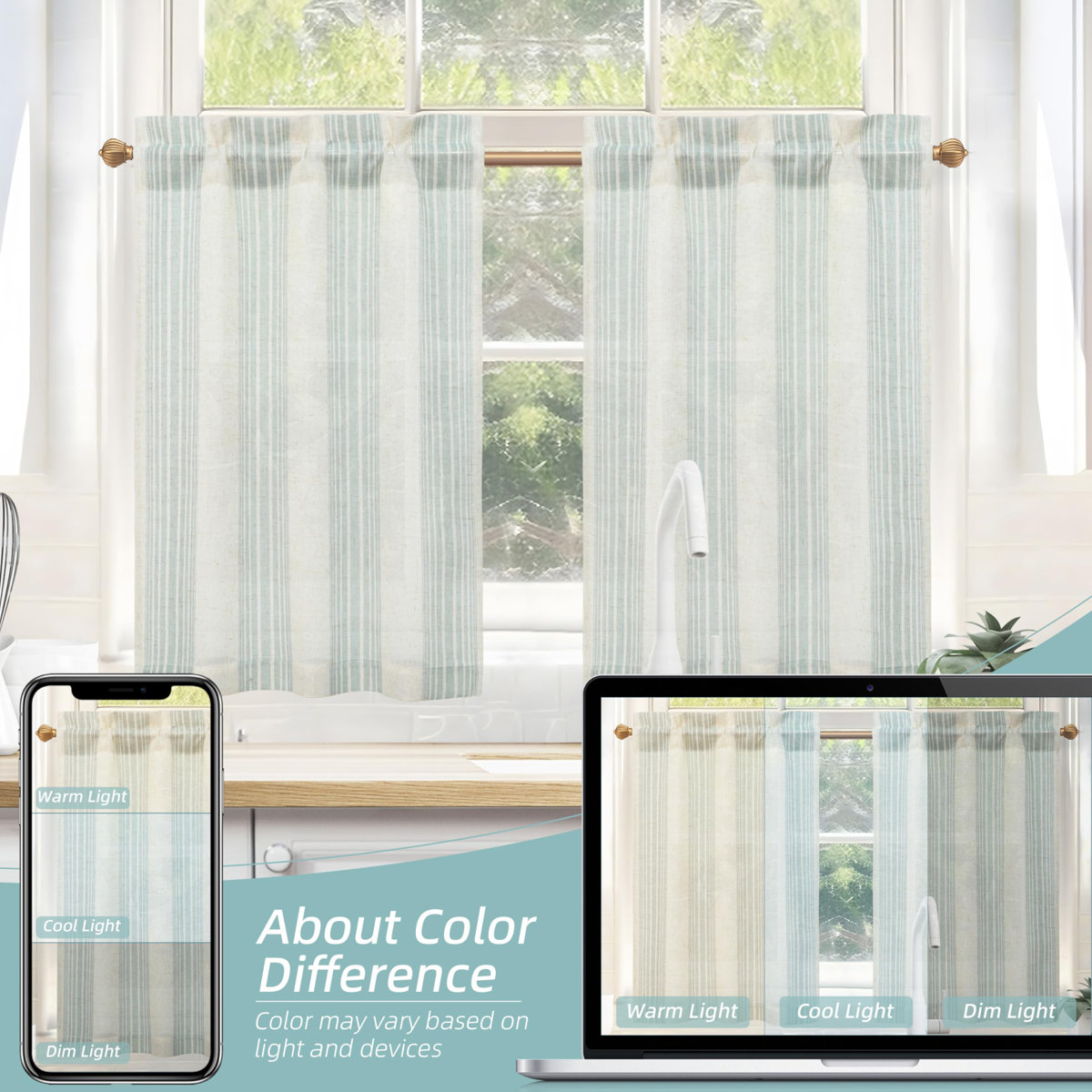 Gracie Oaks Kitchen Curtains Striped Tier Linen Short Curtains ...