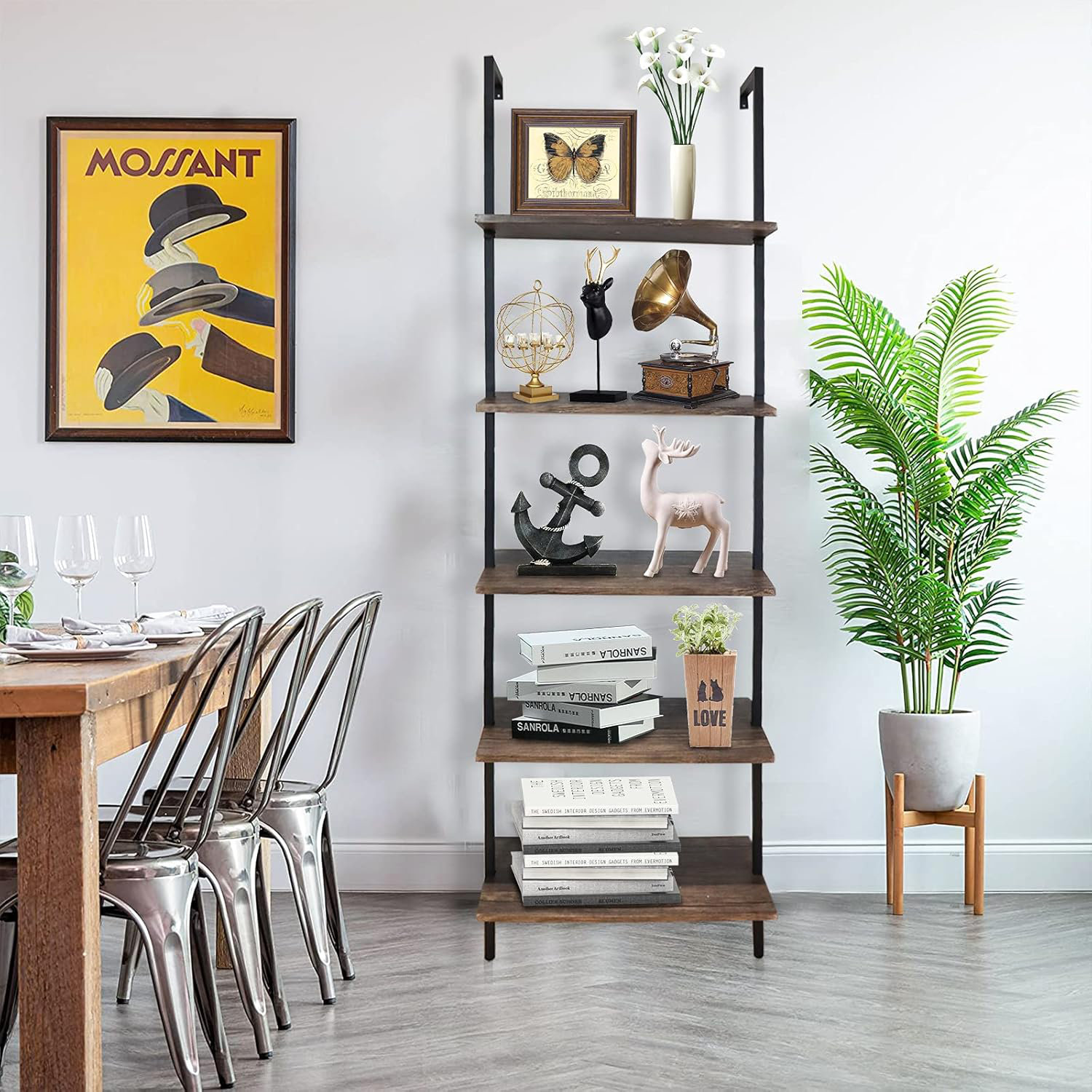 17 Stories Ladder Shelf Open Bookshelf 5-Tier Wood Wall-Mounted ...